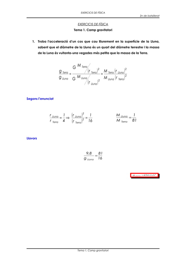 Tema 1. camp gravitatori. exercicis resolts | DOC
