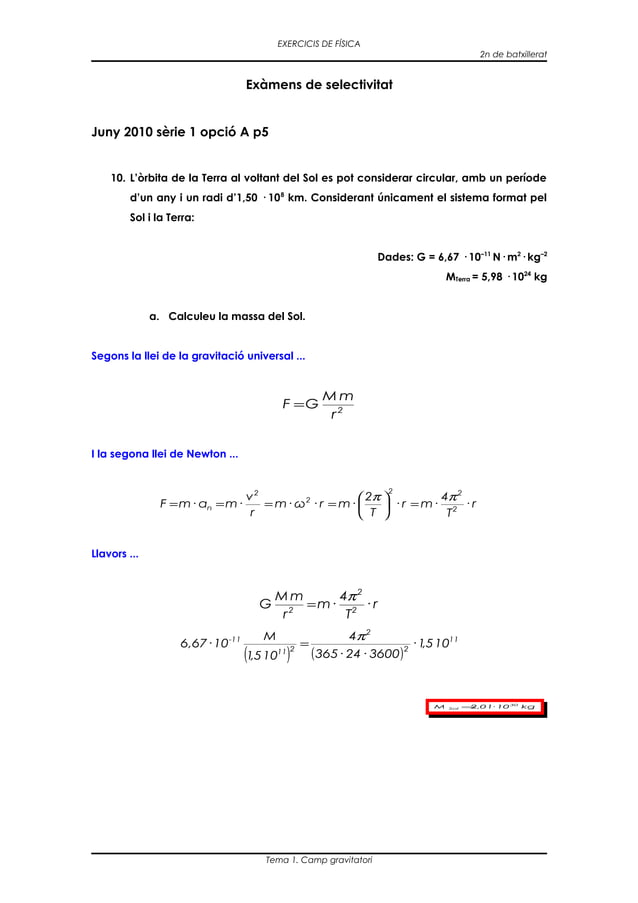 Tema 1. camp gravitatori. exercicis resolts | DOC