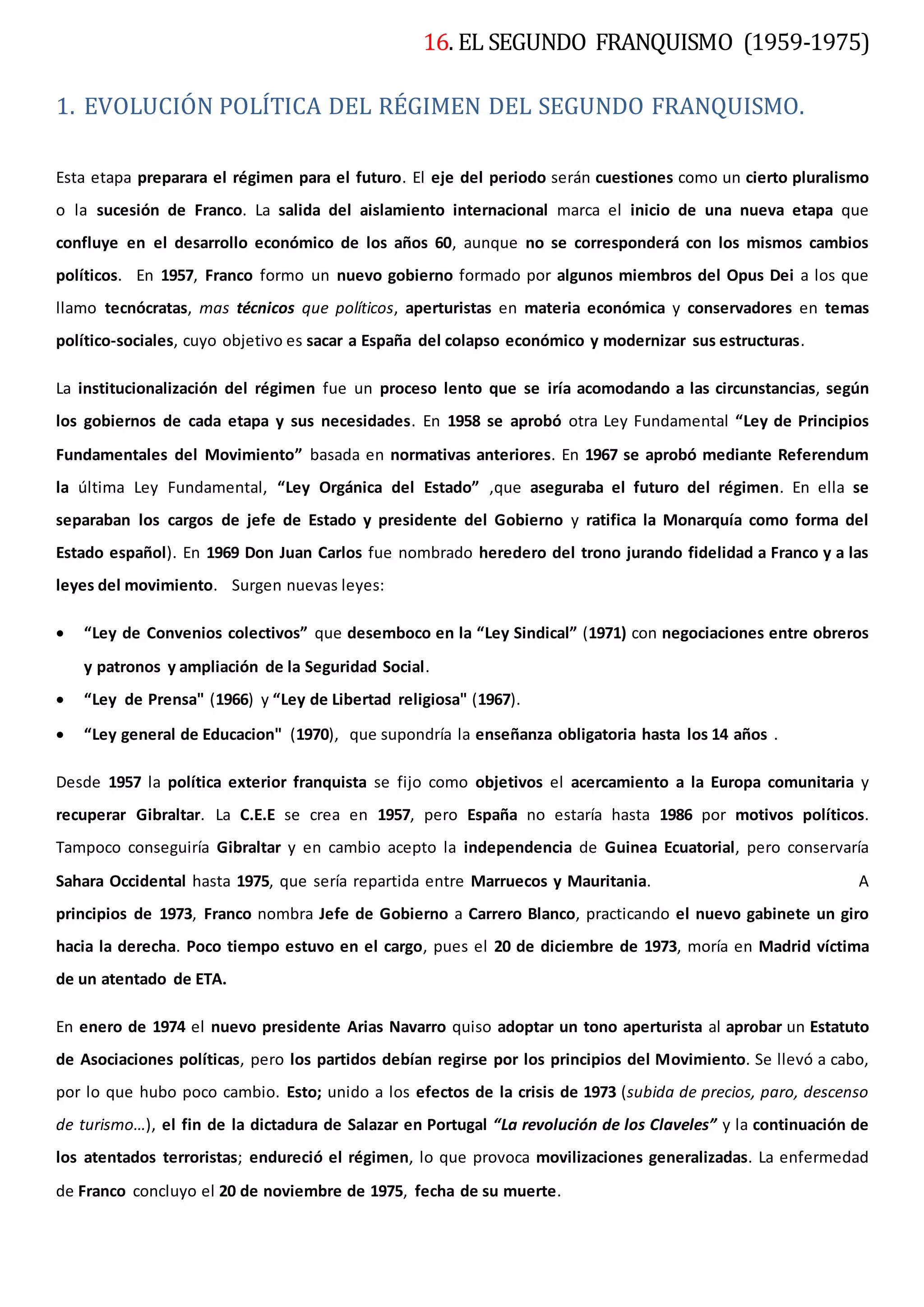 Tema 16. Segundo Franquismo (1959 -1975) | DOCX