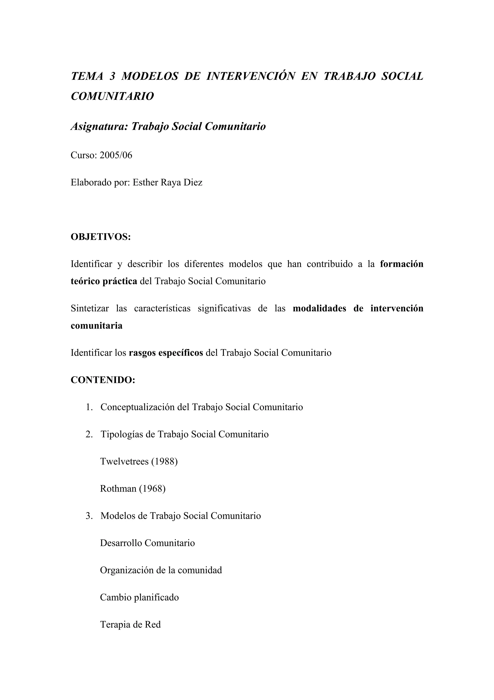 Tema3 modelos de intervencion en trabajo social esther raya | PDF