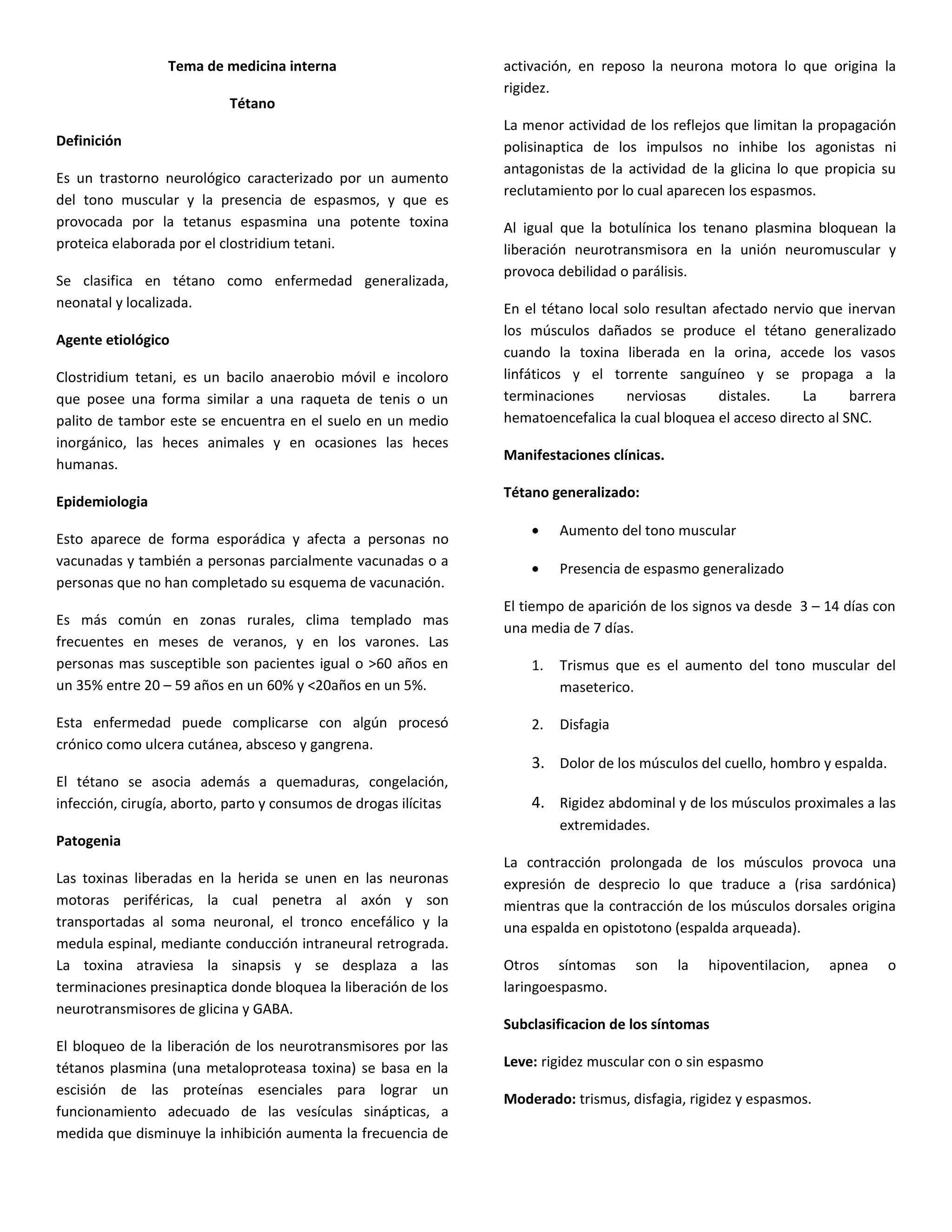 Tema de medicina interna tetano | DOC