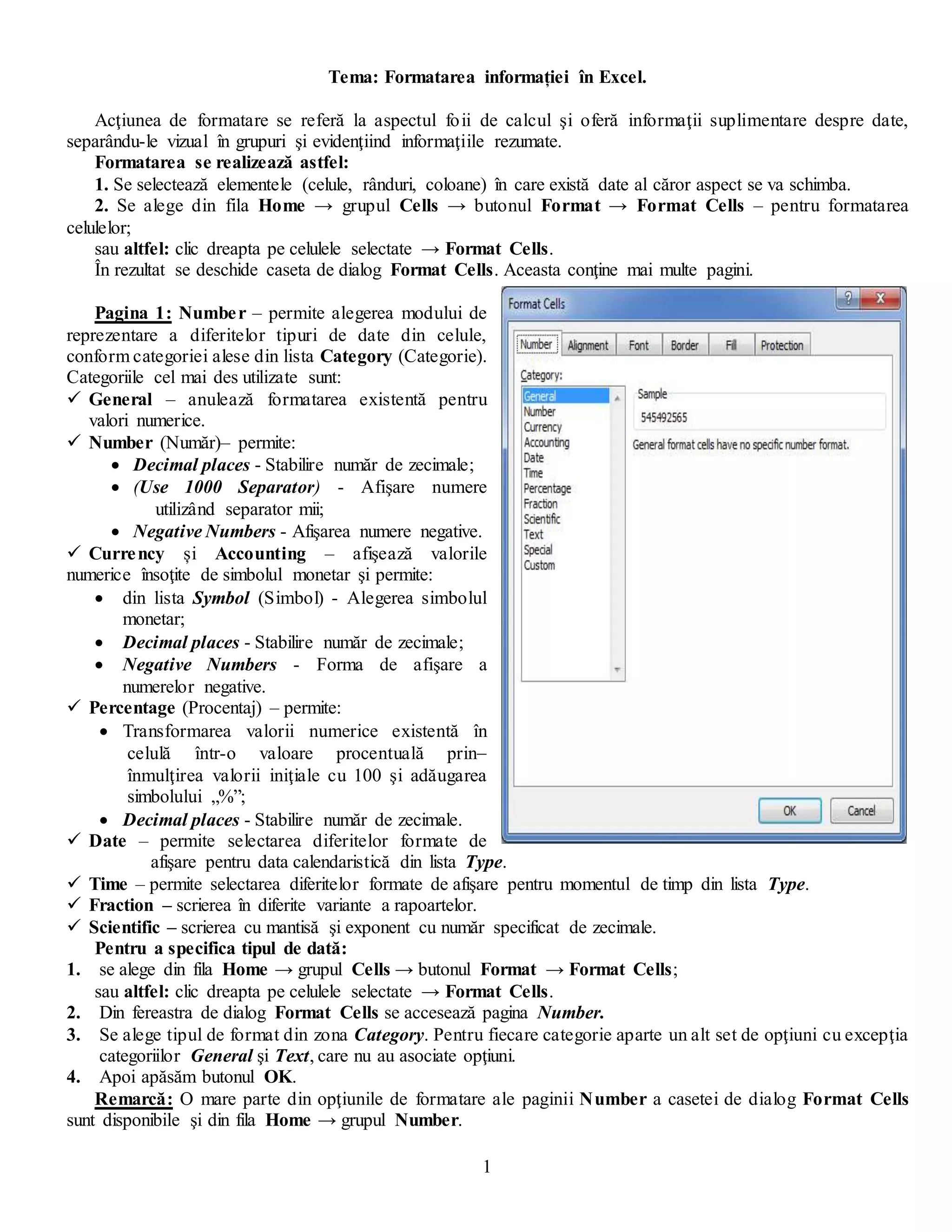 Tema formatarea in excel | DOC