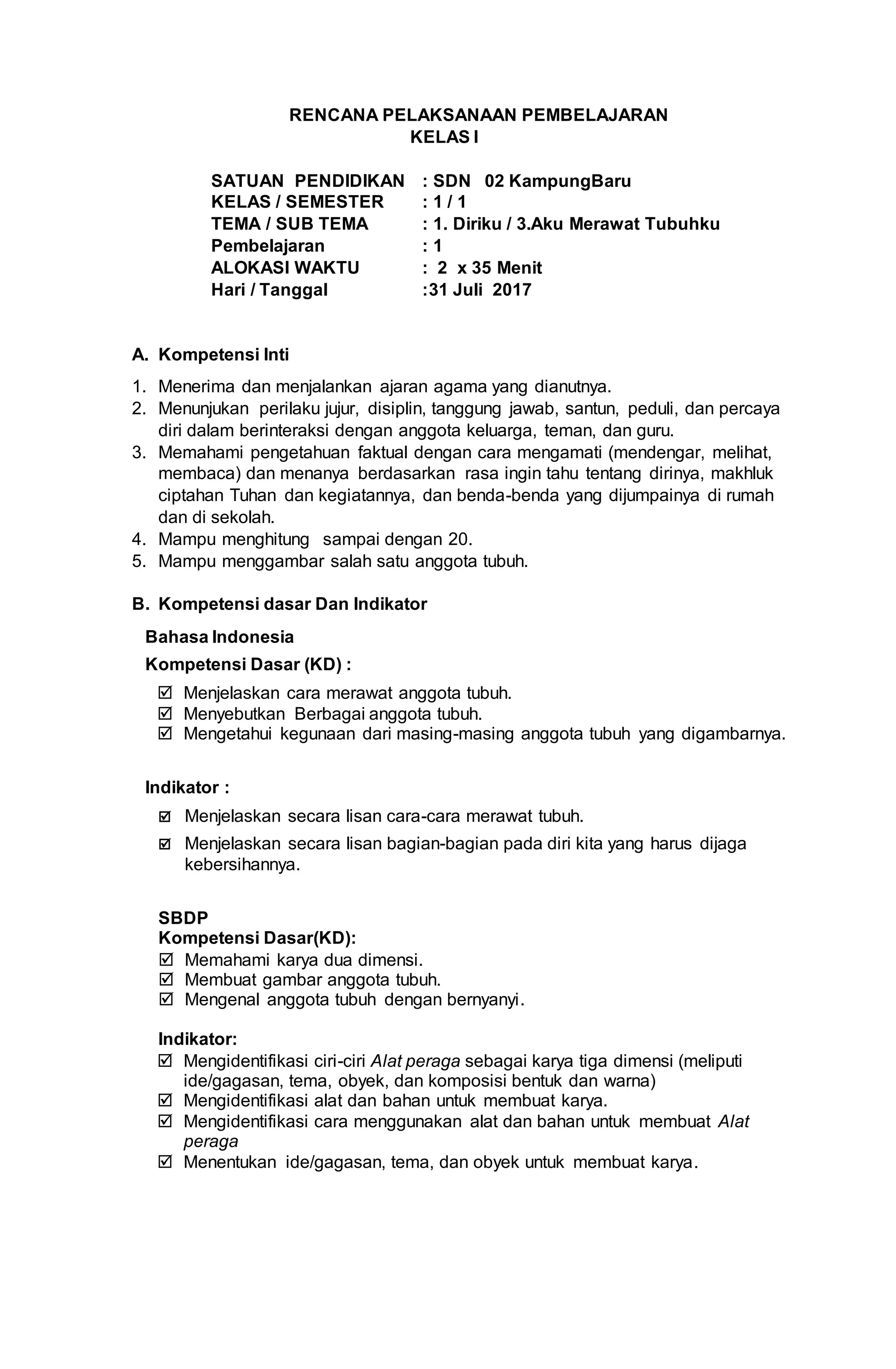 contoh RPP Tematik Kelas 1 | PDF