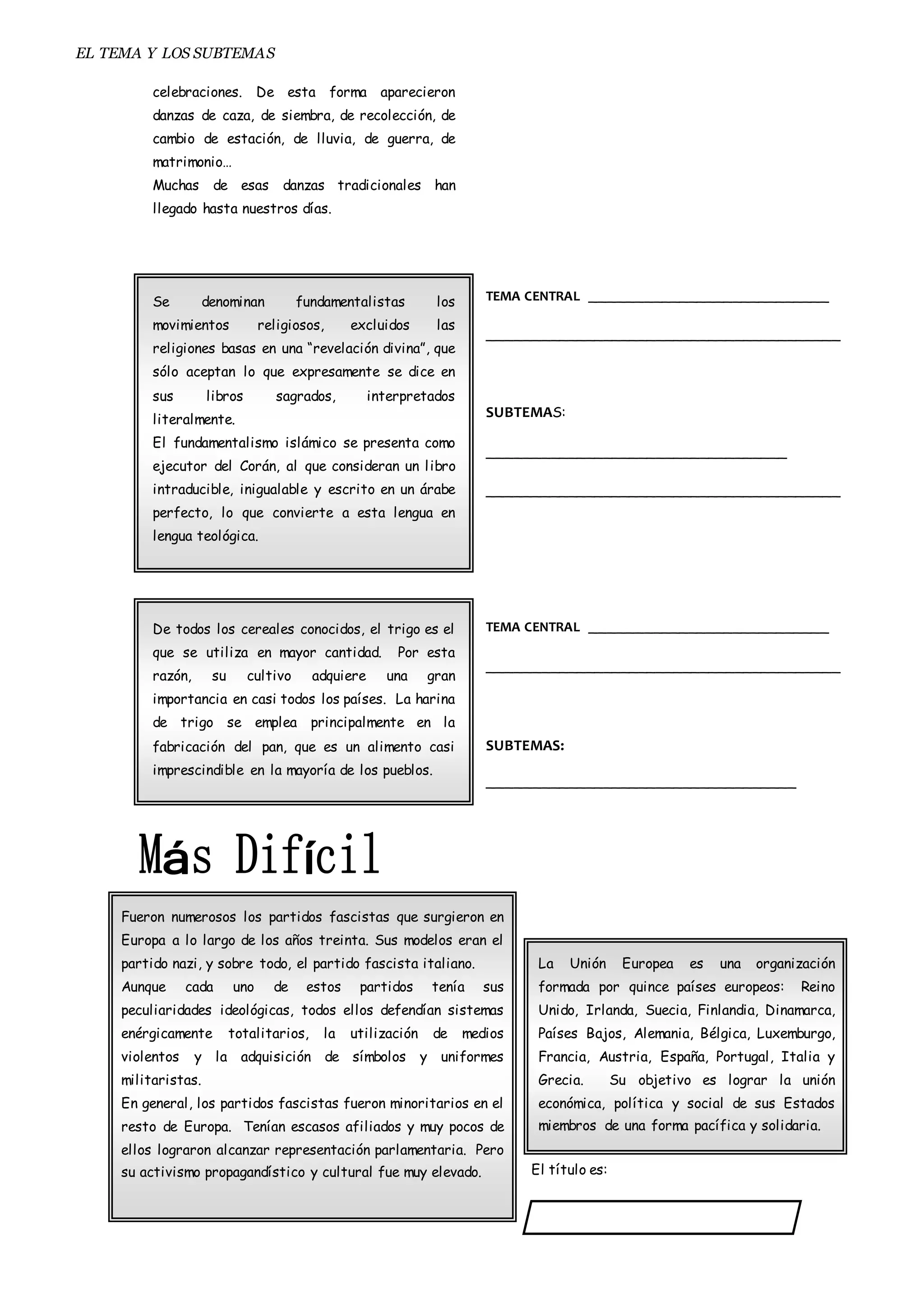 Ejercicios sobre temas y subtemas | DOCX