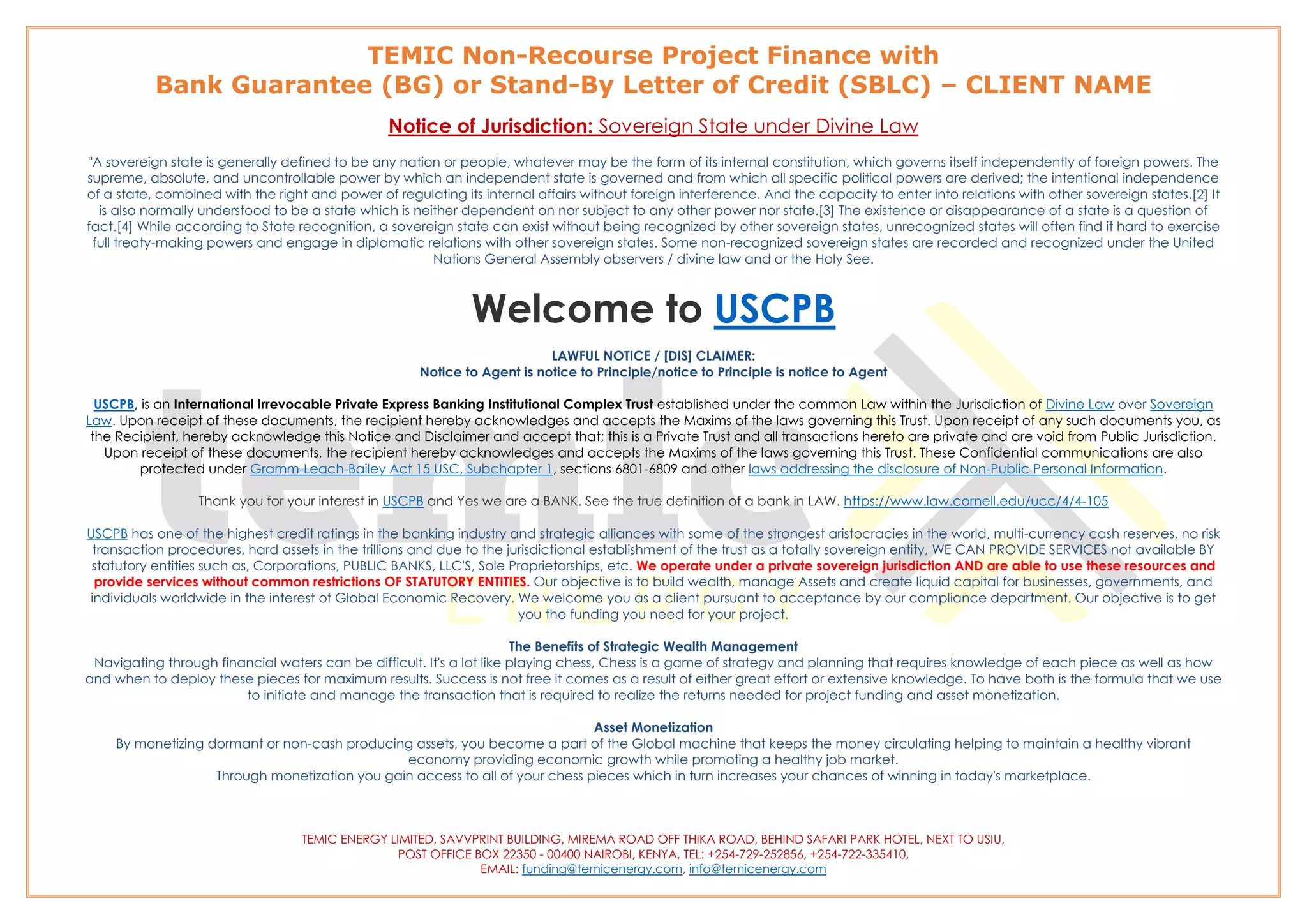 Temic non recourse project finance with bg-sblc - client name - 30-07-2019 | PPT