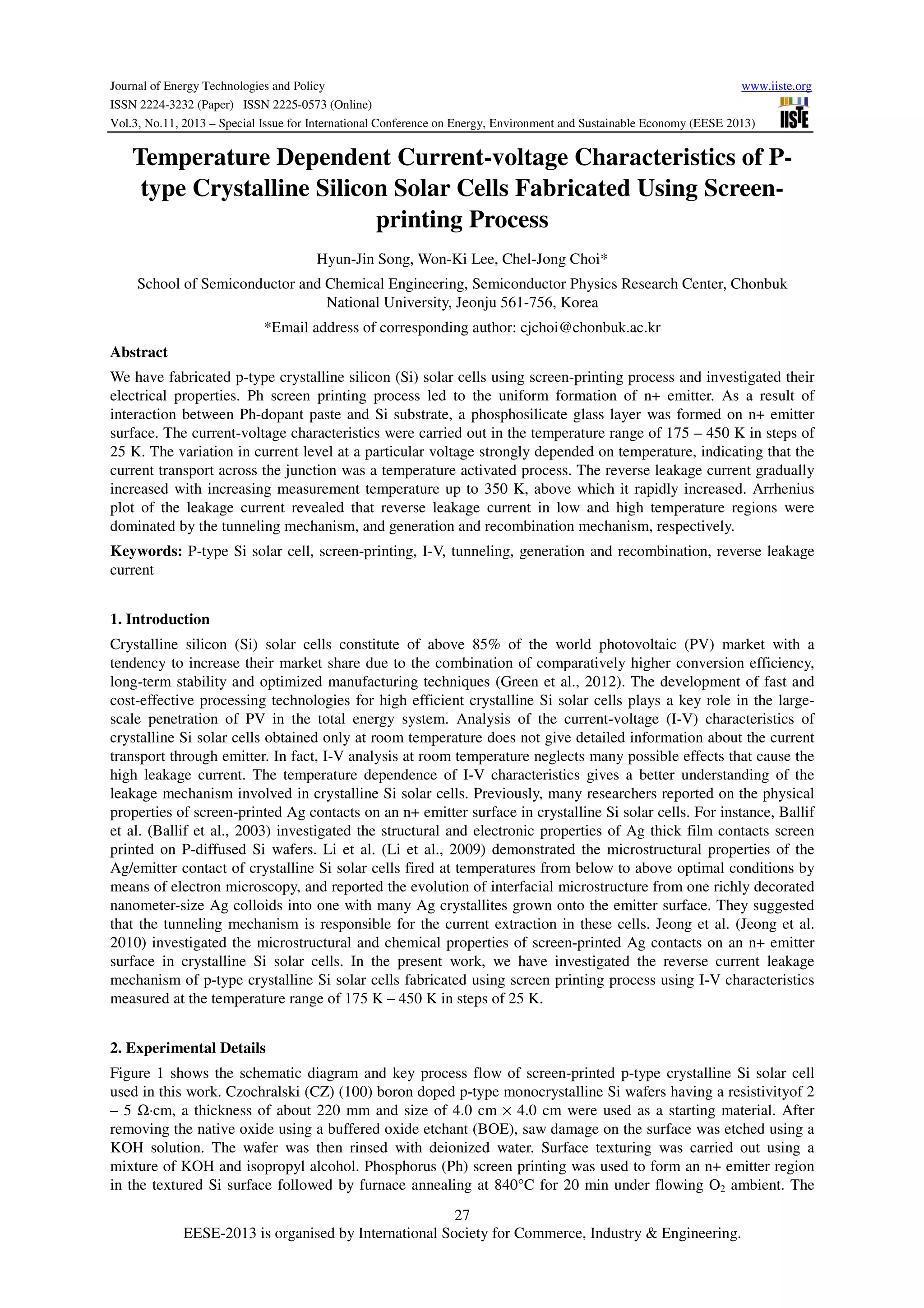 Temperature dependent current voltage characteristics of p-type crystalline silicon solar cells ...