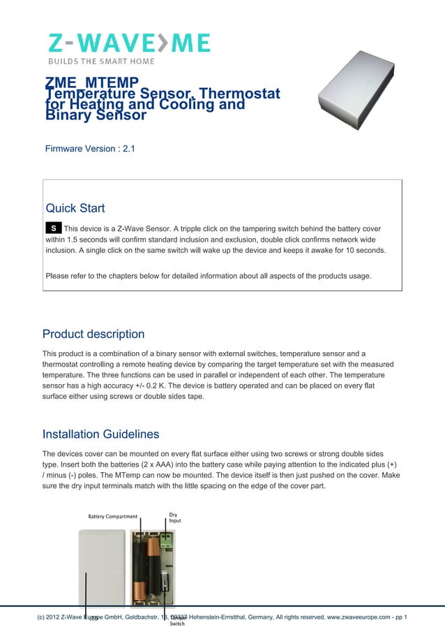 Temperature sensor with binary sensor input start guide | PDF
