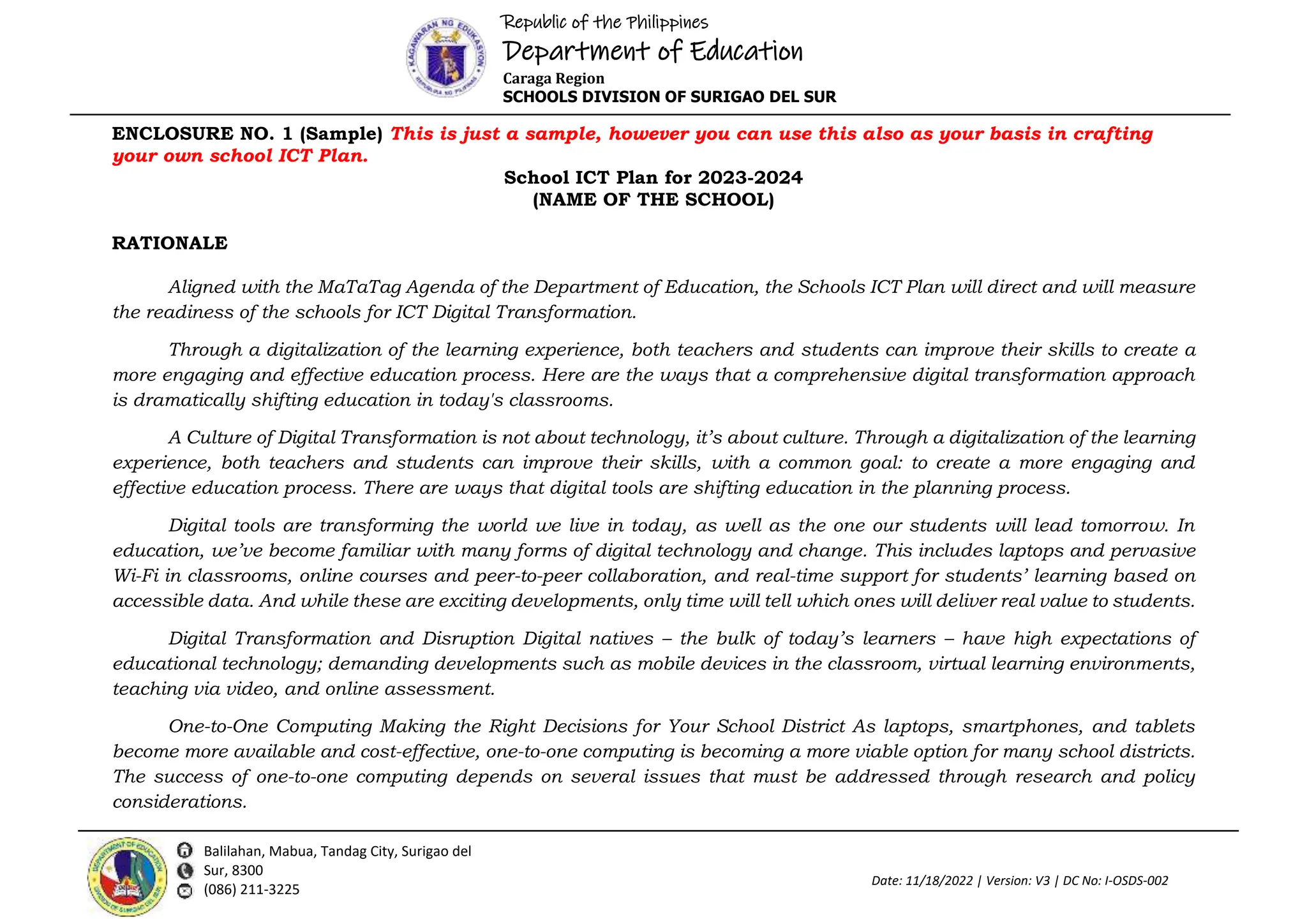 SAMPLE FORMAT OR TEMPLATE FOR -SCHOOL-ICT-PLAN | DOCX