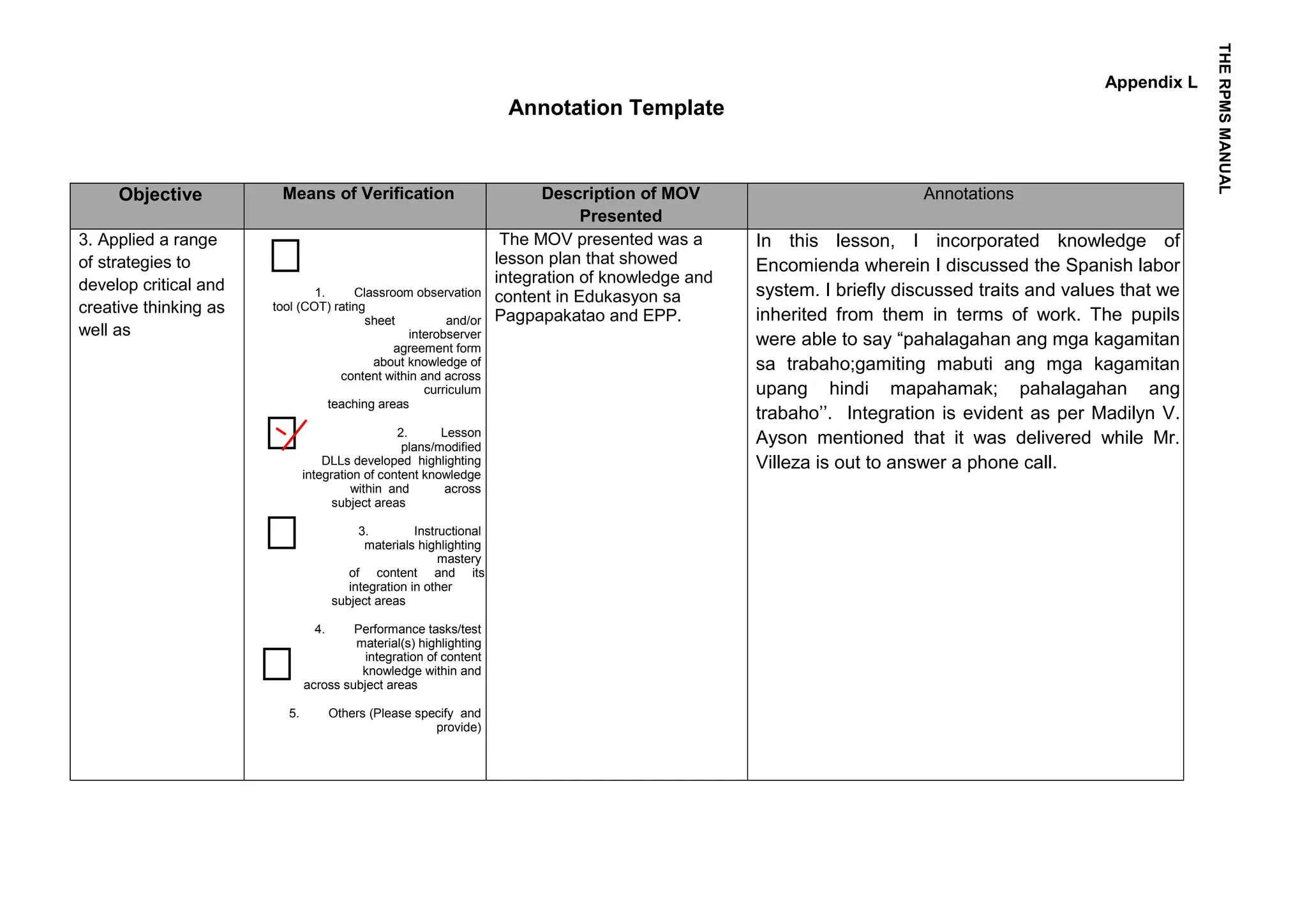 SAMPLE TEMPLATE FOR ANNOTATIONS TO BE USE IN THE IPCRF OF TEACHERS.docx