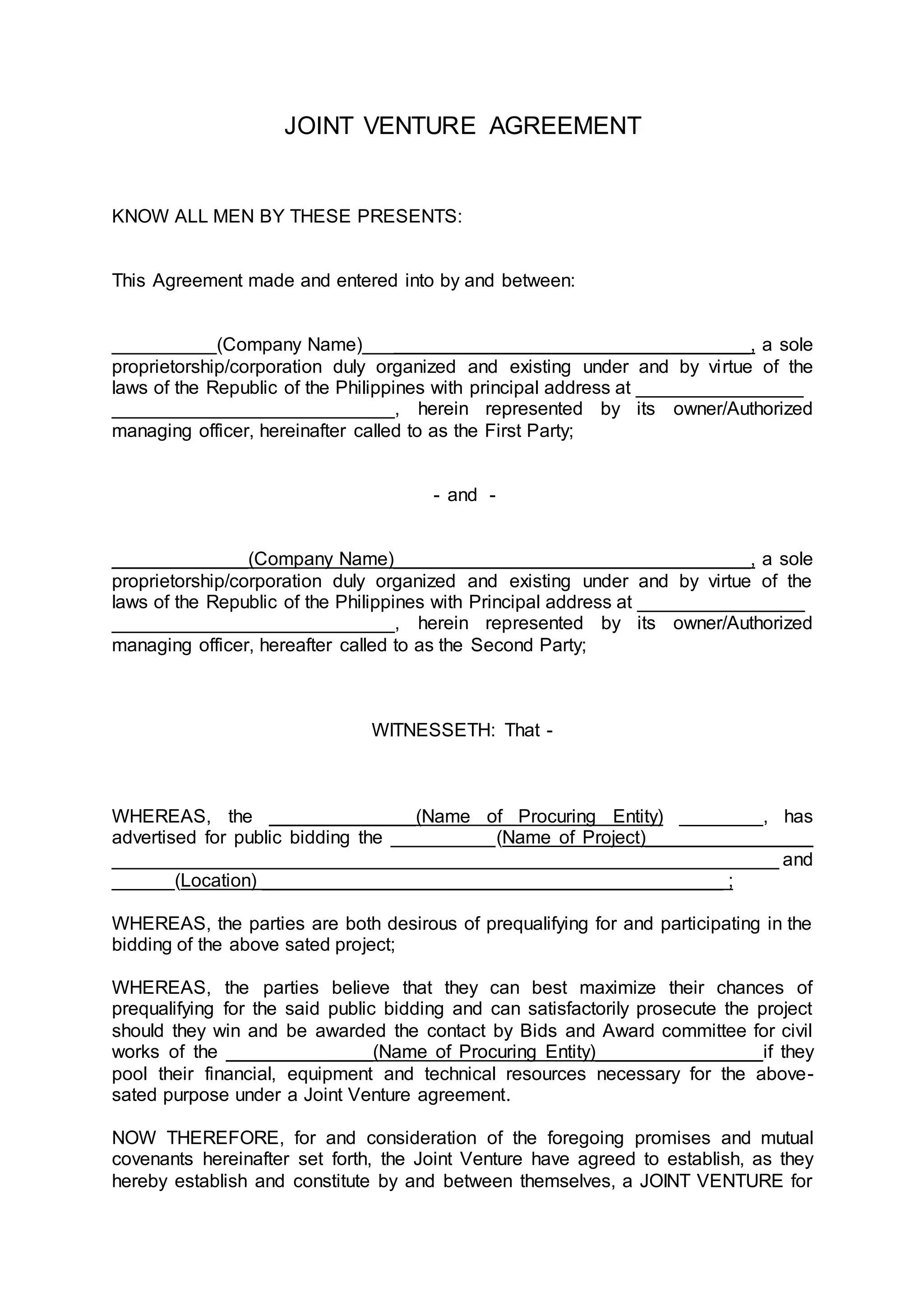Template for joint venture agreement | DOC