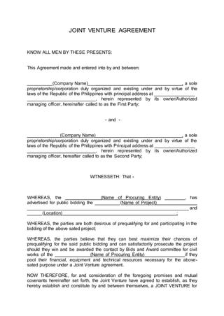 Joint Venture Agreement Template