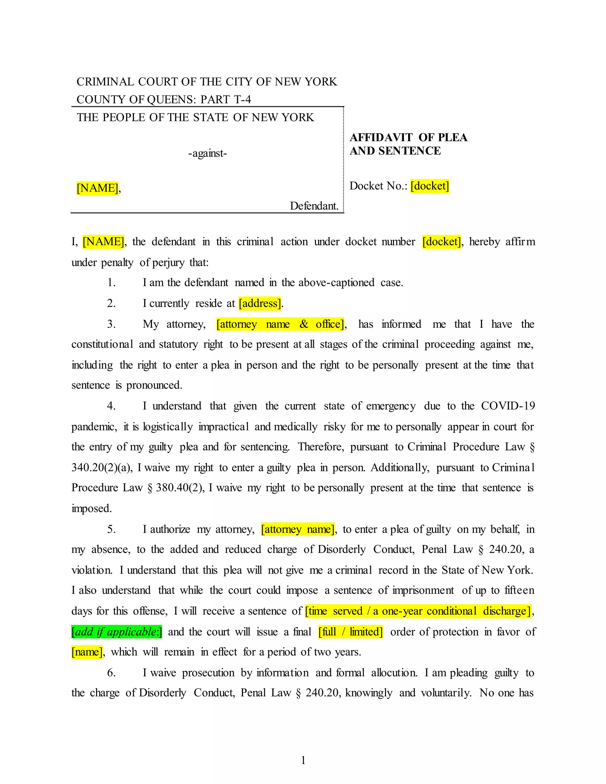 Affidavit of Plea and Sentence | DOCX