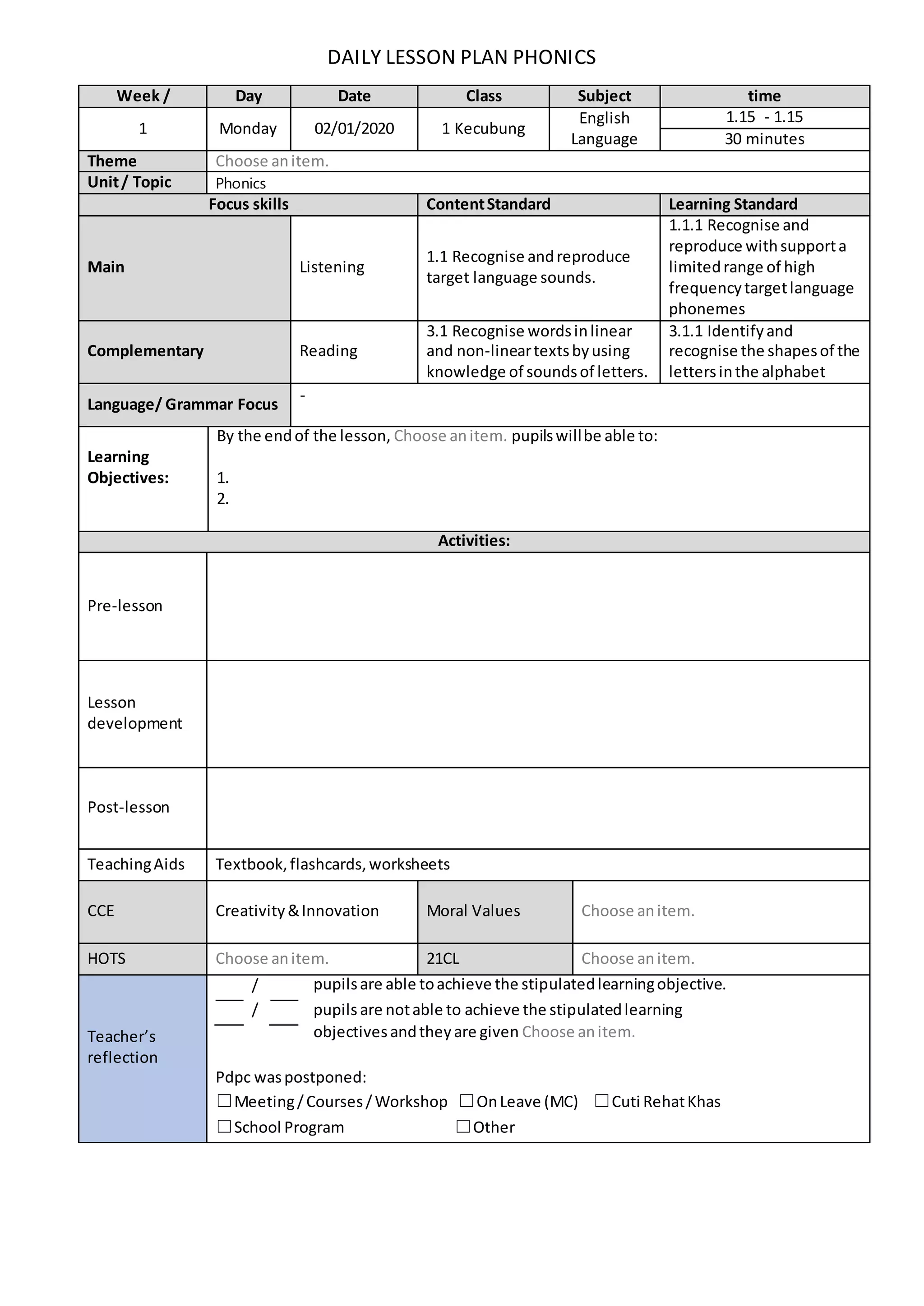 Template lp year 1 phonics 2020 | DOCX