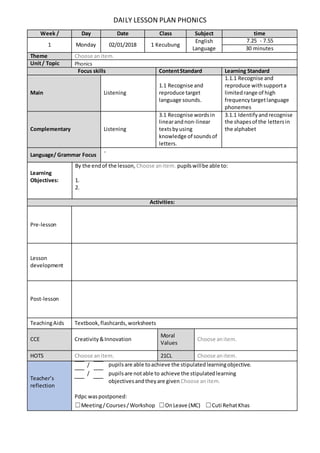 Template lp year 1 phonics 2020 | PDF