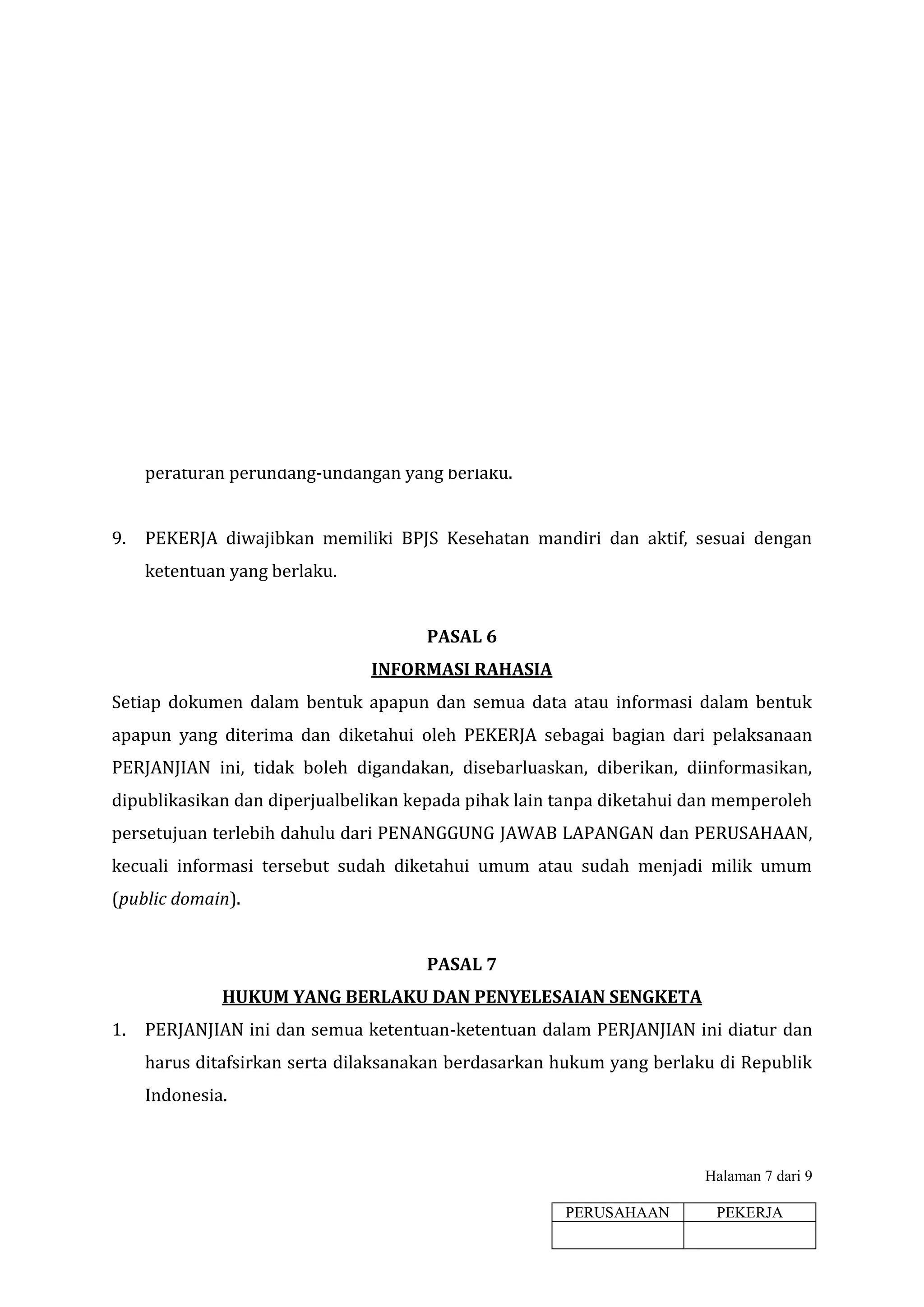 TEMPLATE PERJANJIAN KERJA HARIAN LEPAS / BURUH HARIAN LEPAS (BHL) | DOCX