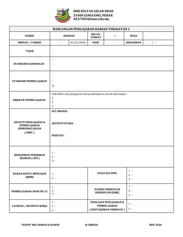 Template rph tingkatan 1, sej 2020 | DOCX