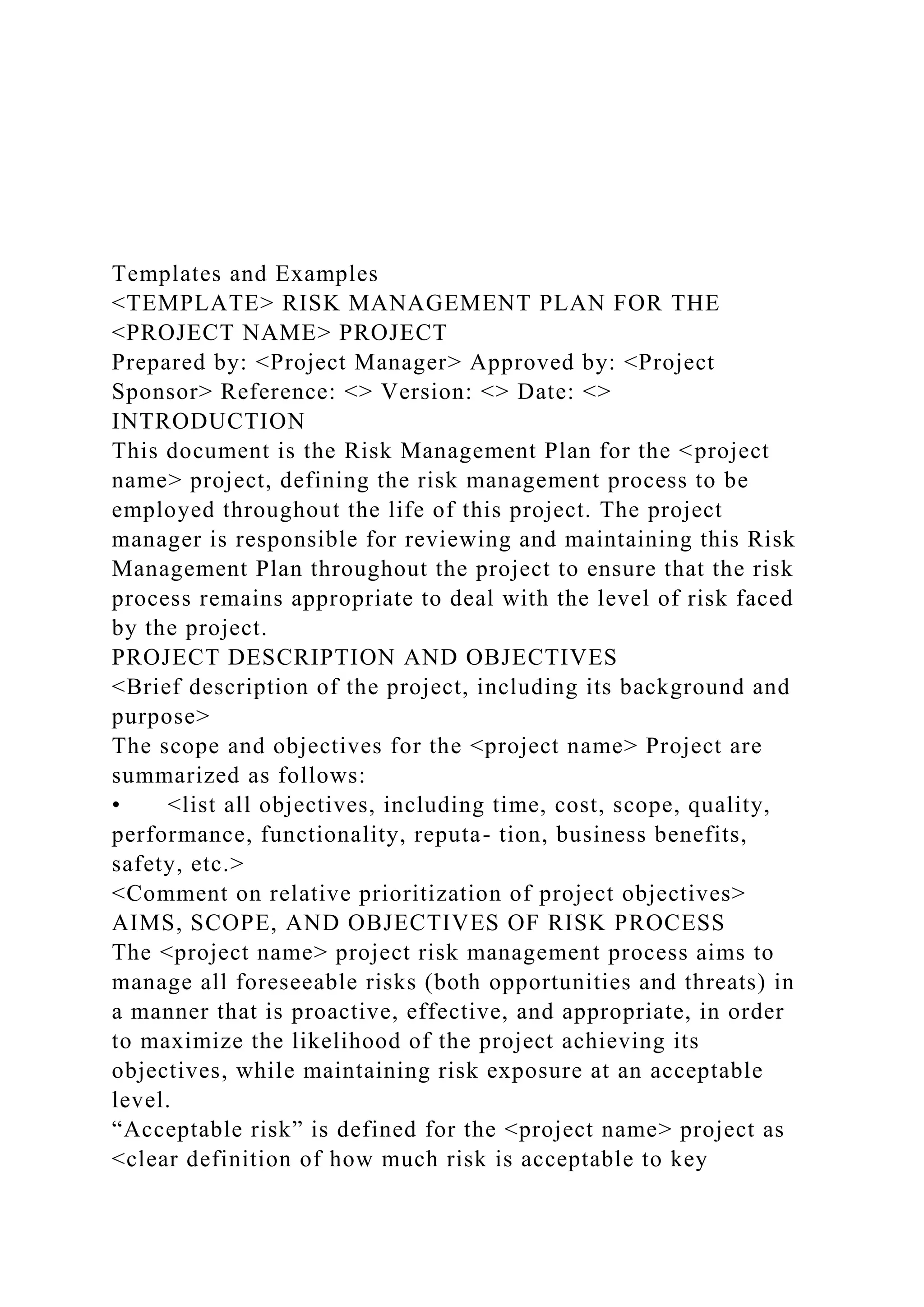 Templates and ExamplesTEMPLATE RISK MANAGEMENT PLAN FOR .docx
