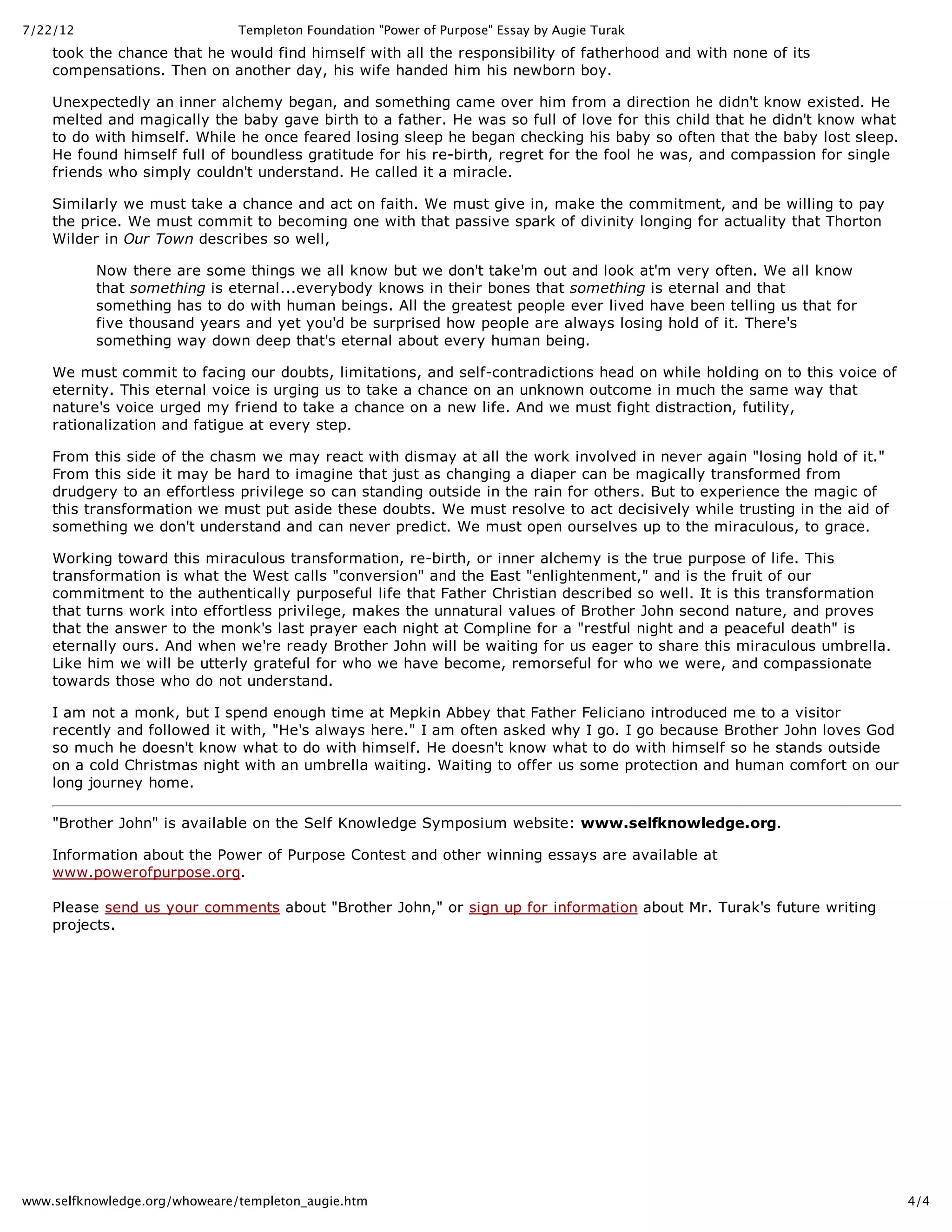 Templeton foundation power of purpose essay by augie turak | PDF