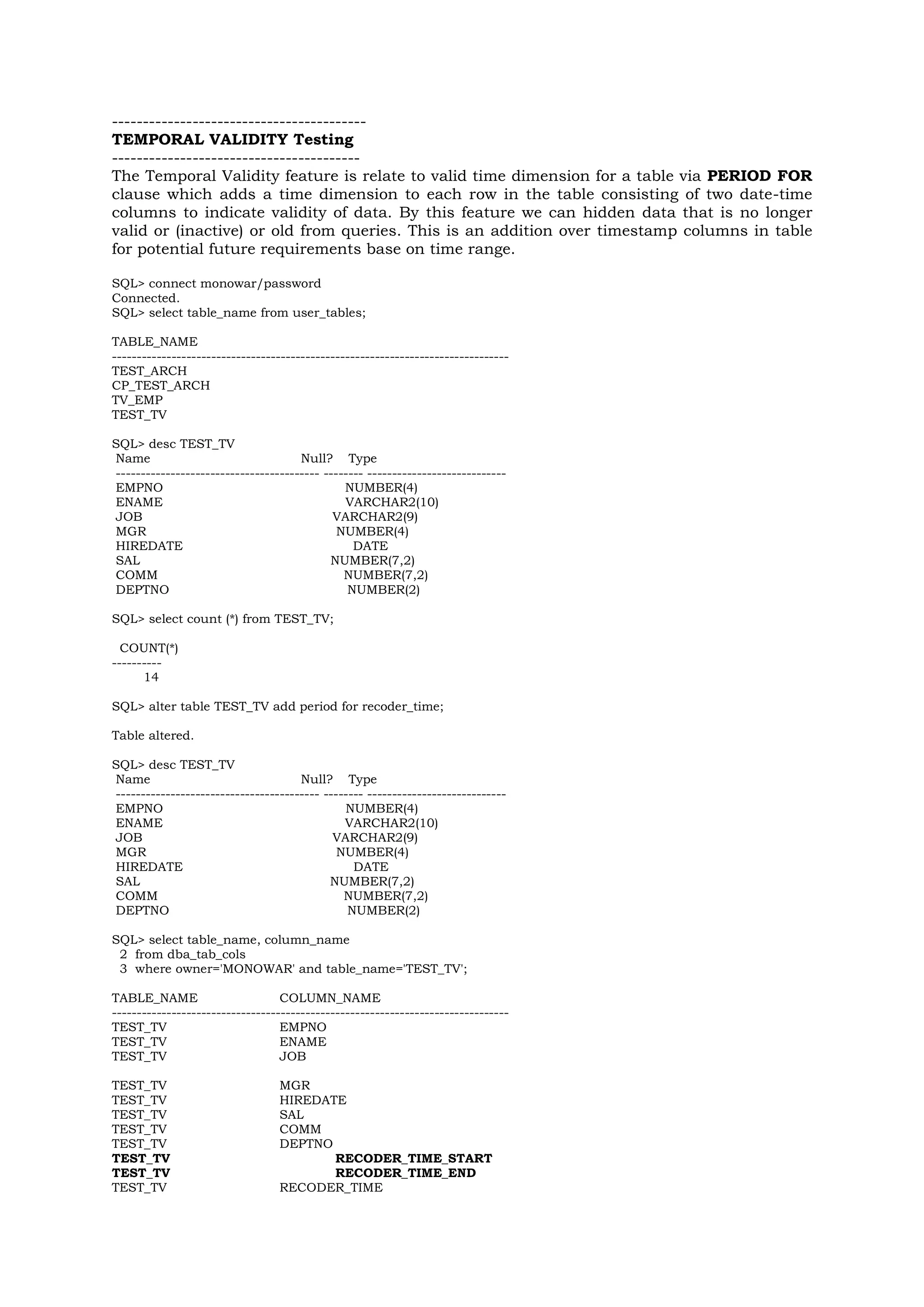 12c Database TEMPORAL VALIDITY & FLASHBACK ARCHIVE Testing | PDF