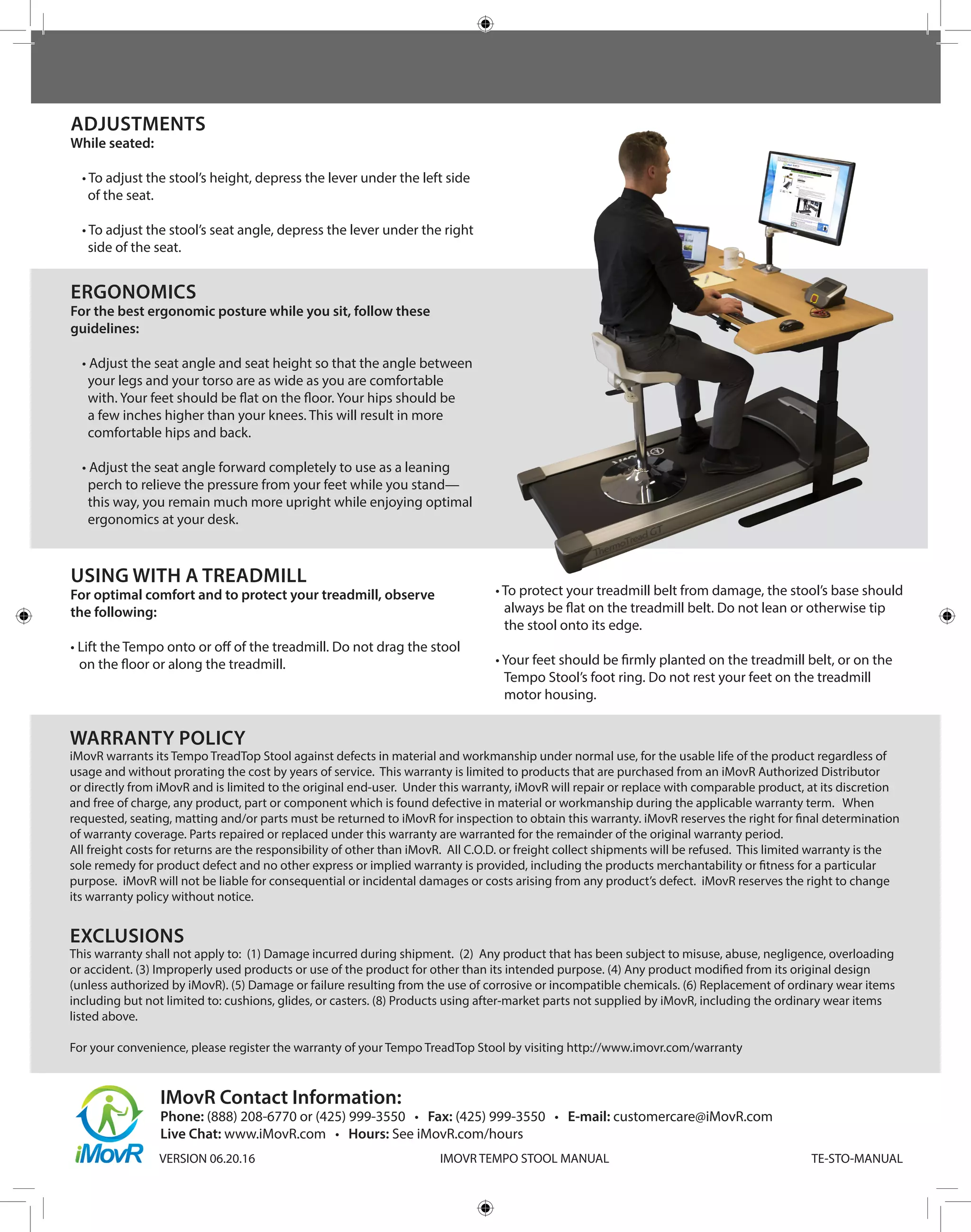 iMovR Tempo Sit-Stand Stool Assembly Guide and Warranty | PDF