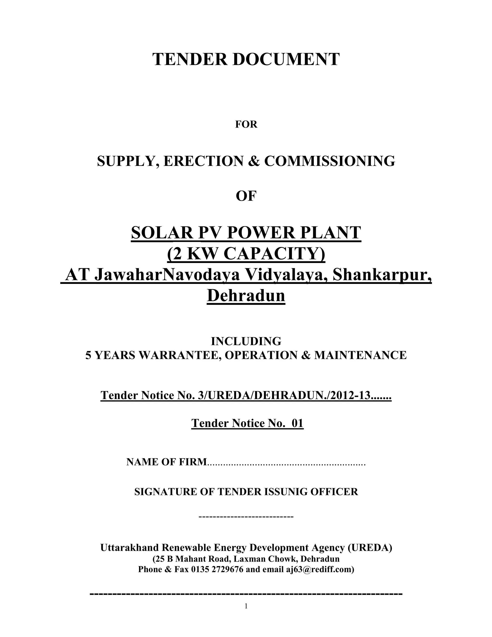 Tender document for solar in Dehradun, Uttarakhand | PDF