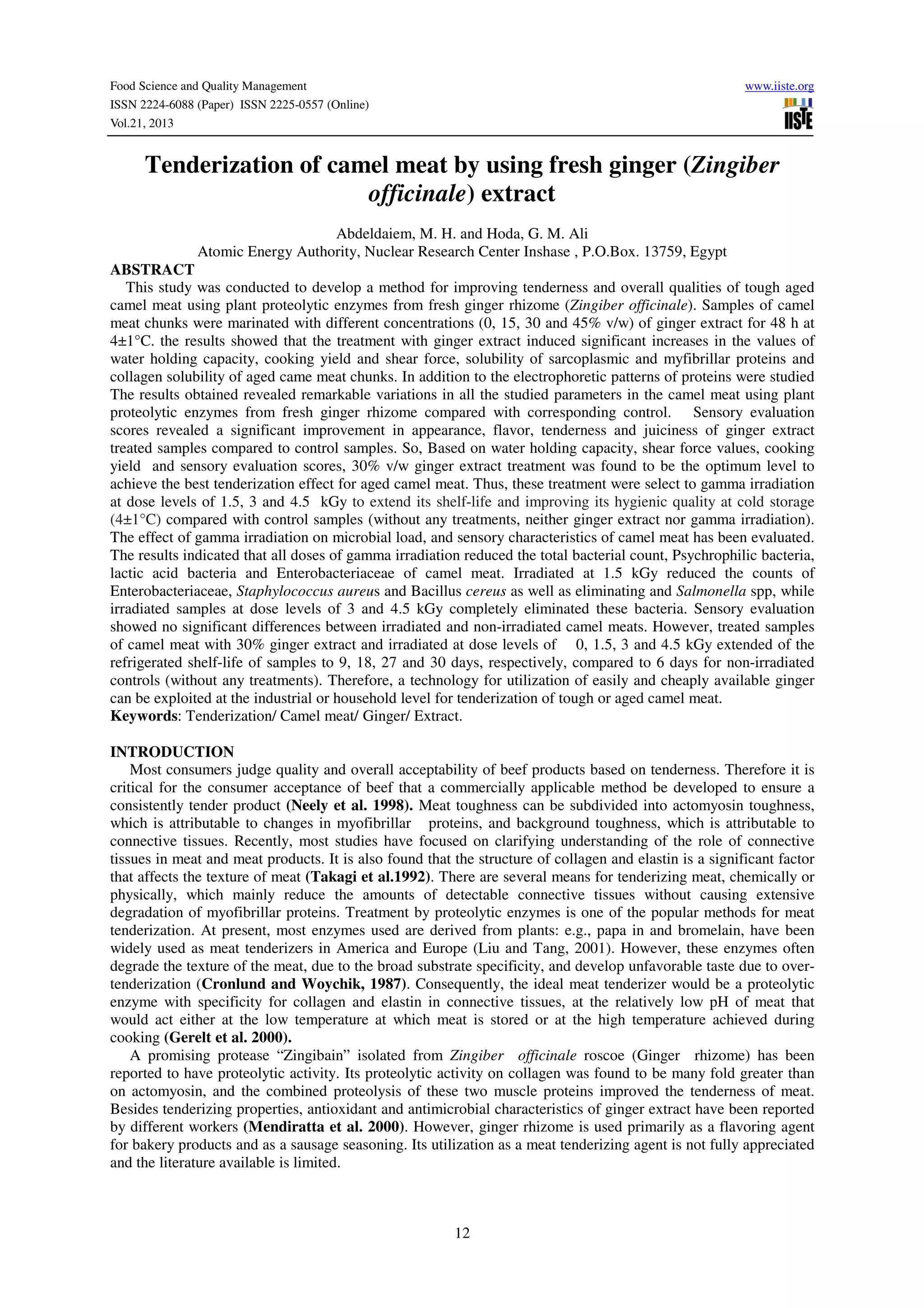 Tenderization of camel meat by using fresh ginger (zingiber officinale ...