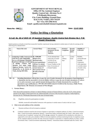 Tender notice for west bengal PWD for traffic and other surveys | PDF