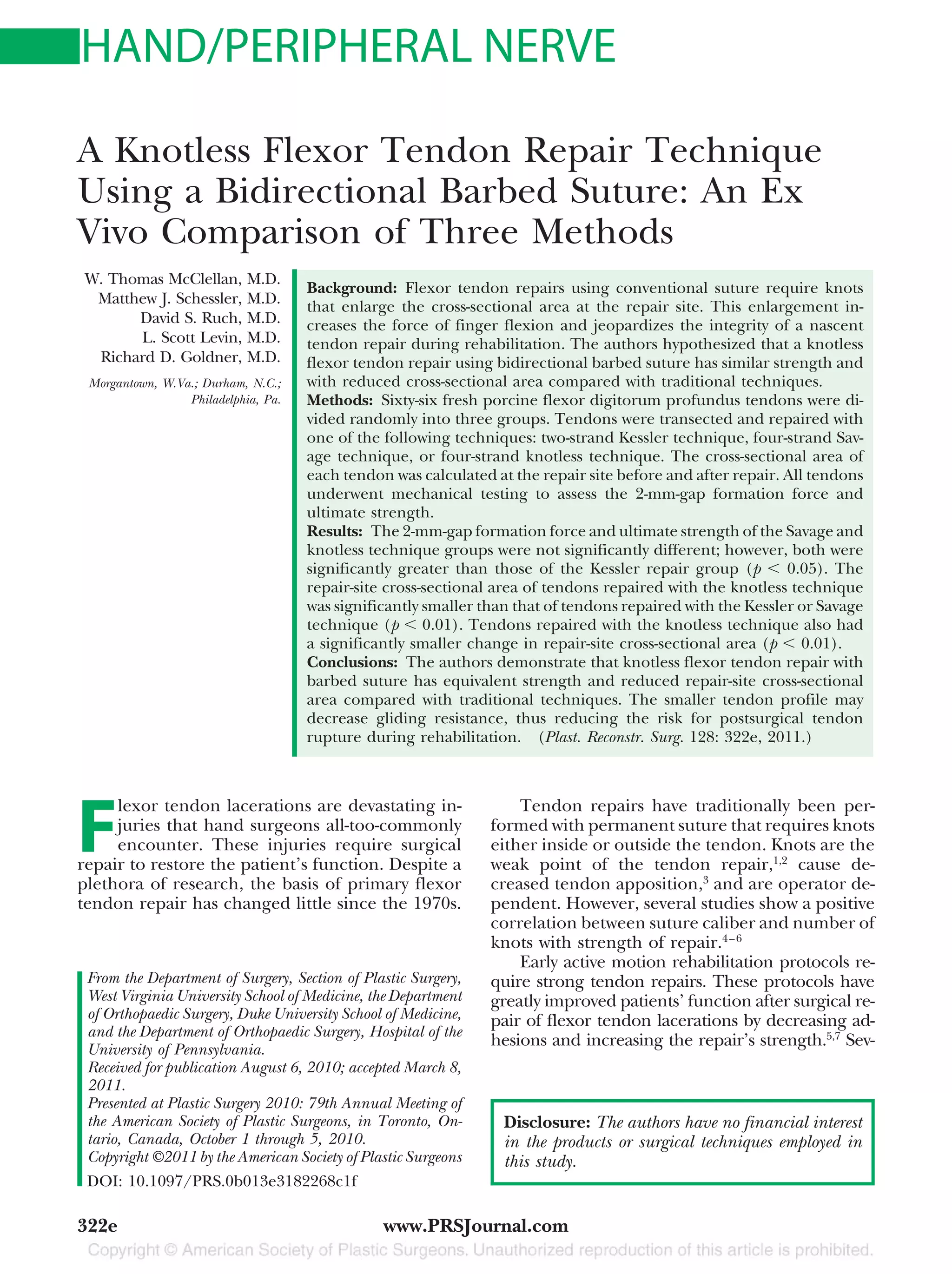 Flexor Tendon Repair with a Barbed Suture | PDF