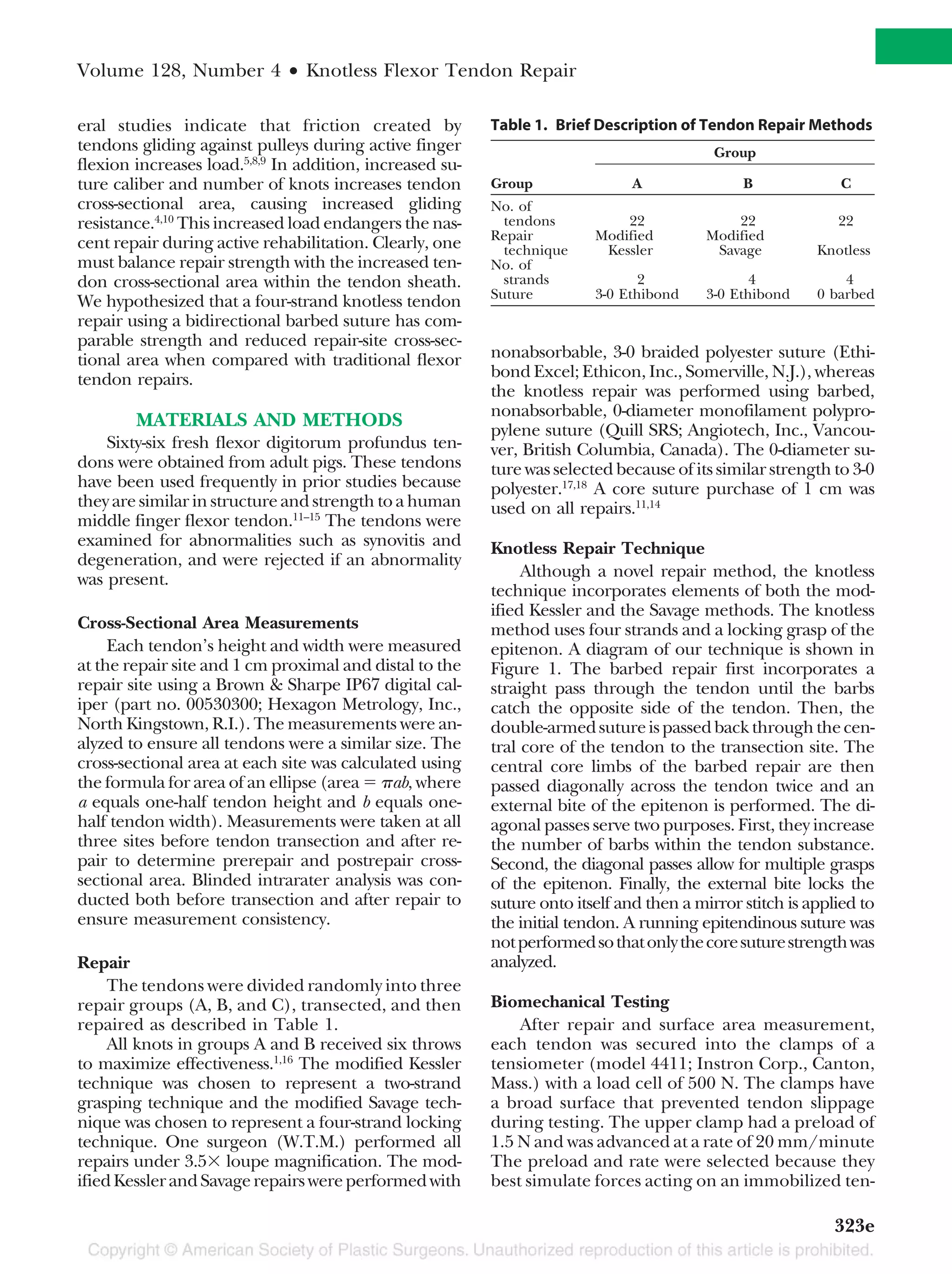 Flexor Tendon Repair with a Barbed Suture | PDF