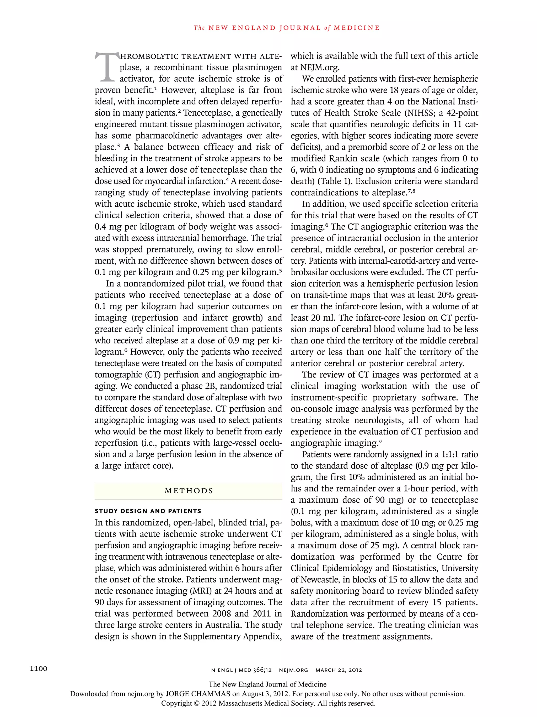Tenecteplase X Alteplase no Acidente Vascular Cerebral - AVC | PDF