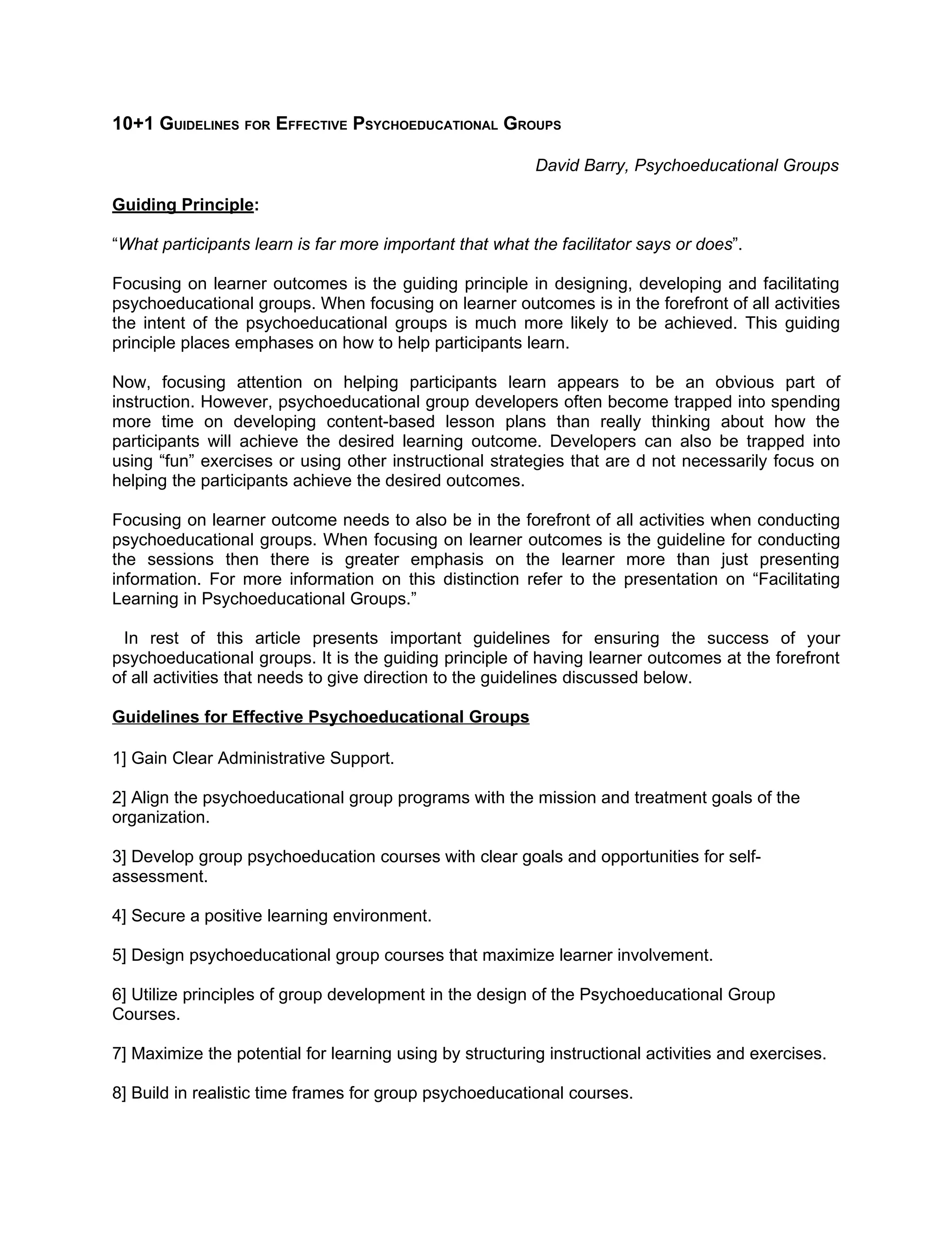 1+10 guidelines for effective psychoeducational groups | DOC