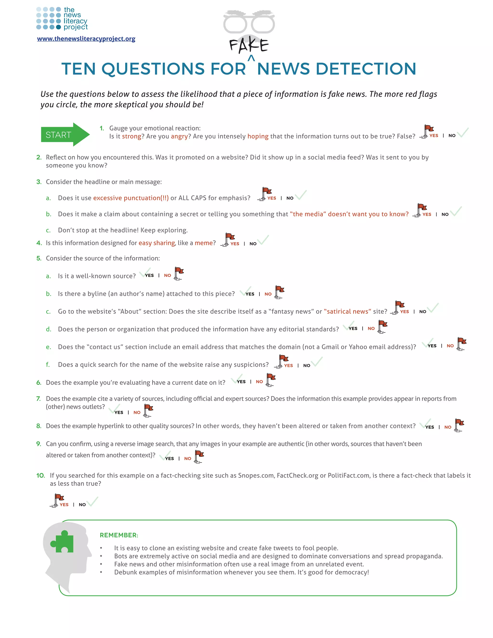 Ten Questions for Fake News Detection by The News Literacy Project | PDF