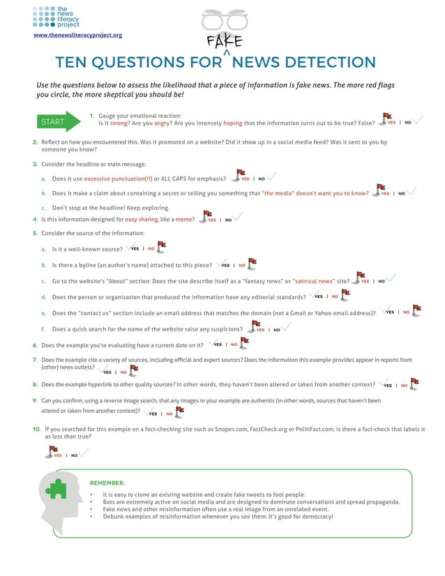 Ten Questions for Fake News Detection by The News Literacy Project | PDF
