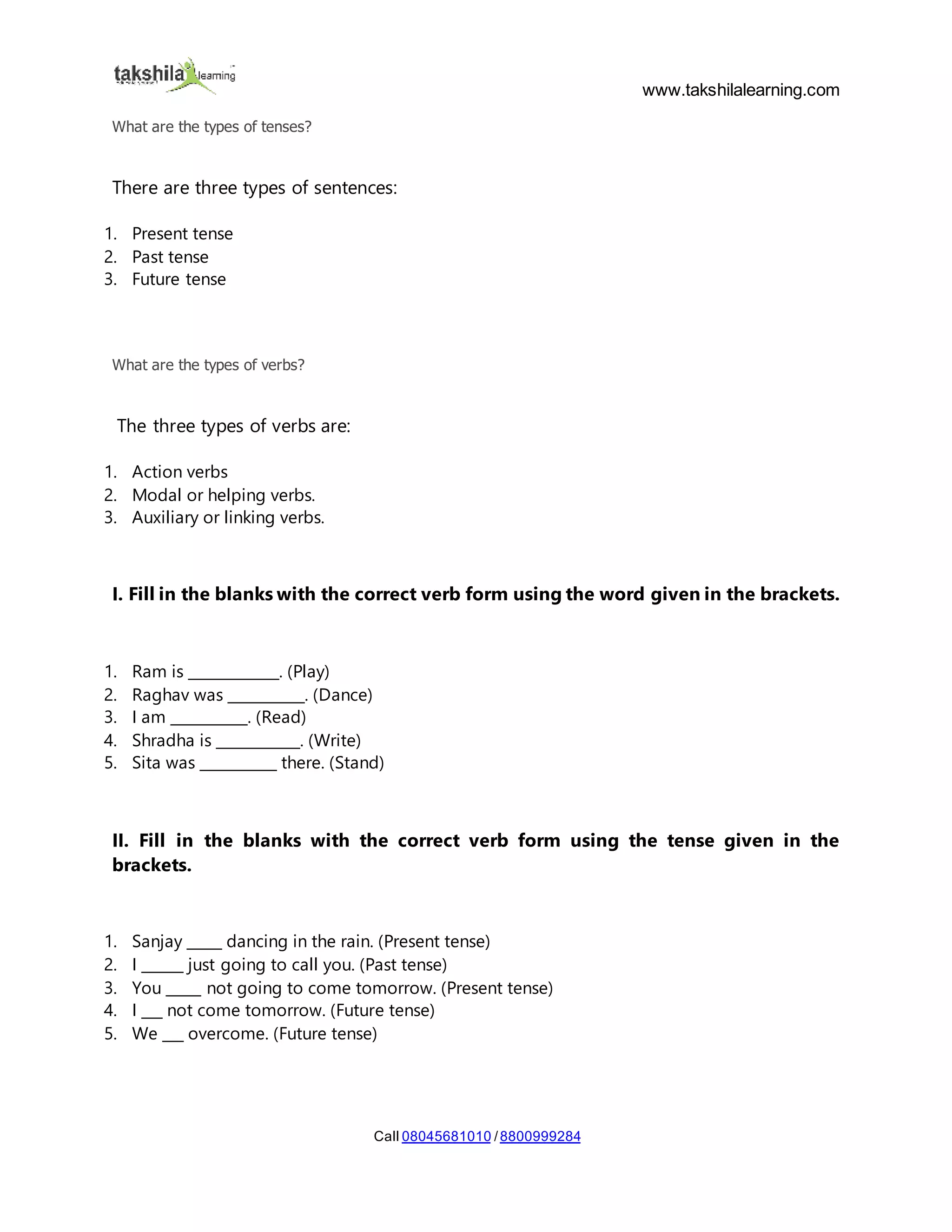 Tense and Verb - Class 3 English Worksheet - English Grammar | DOCX