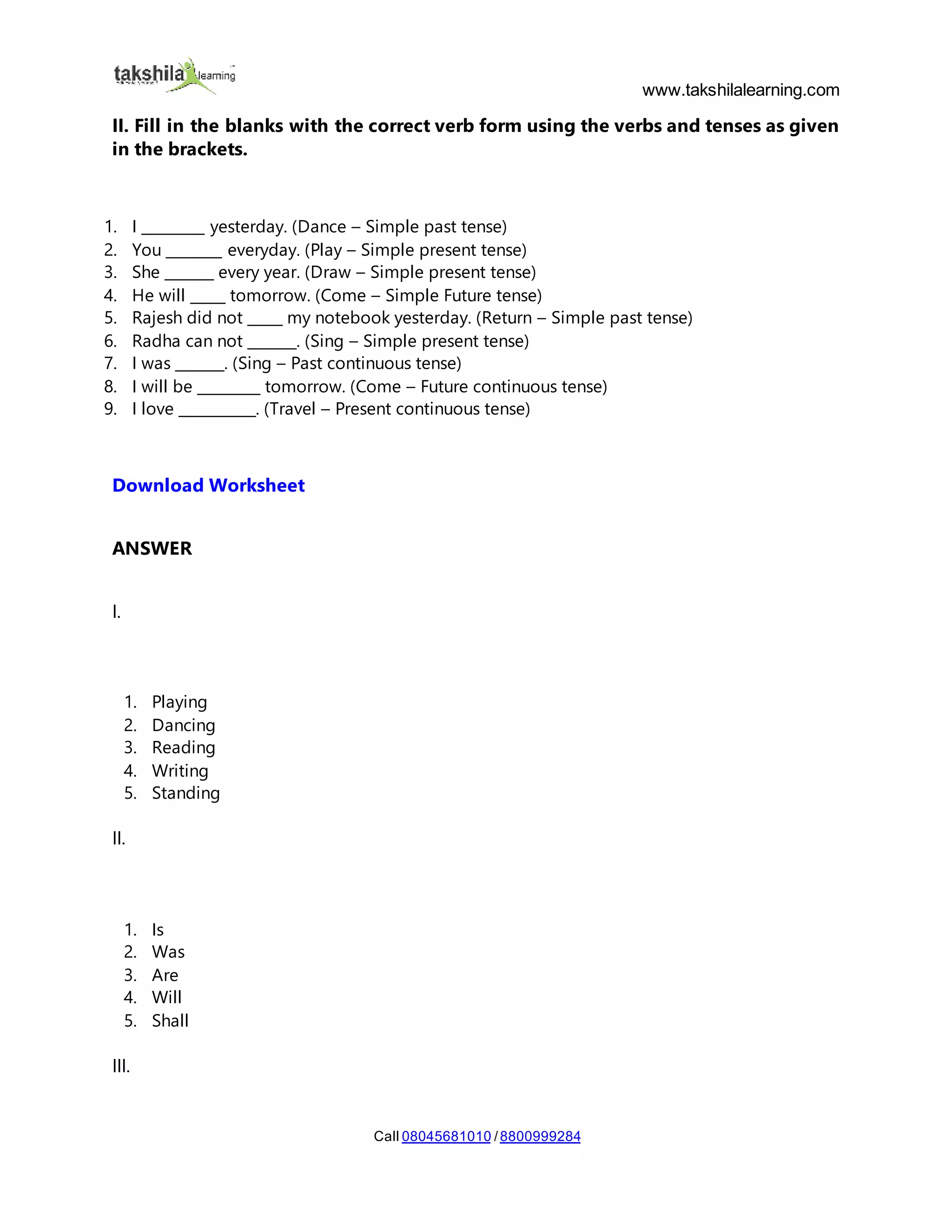 Tense and Verb - Class 3 English Worksheet - English Grammar | DOCX