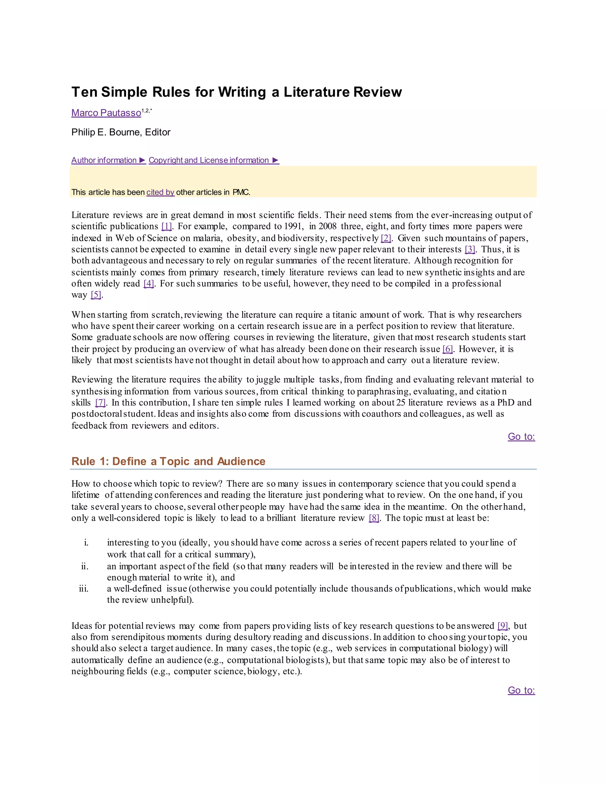 Ten simple rules for writing a literature review | DOCX