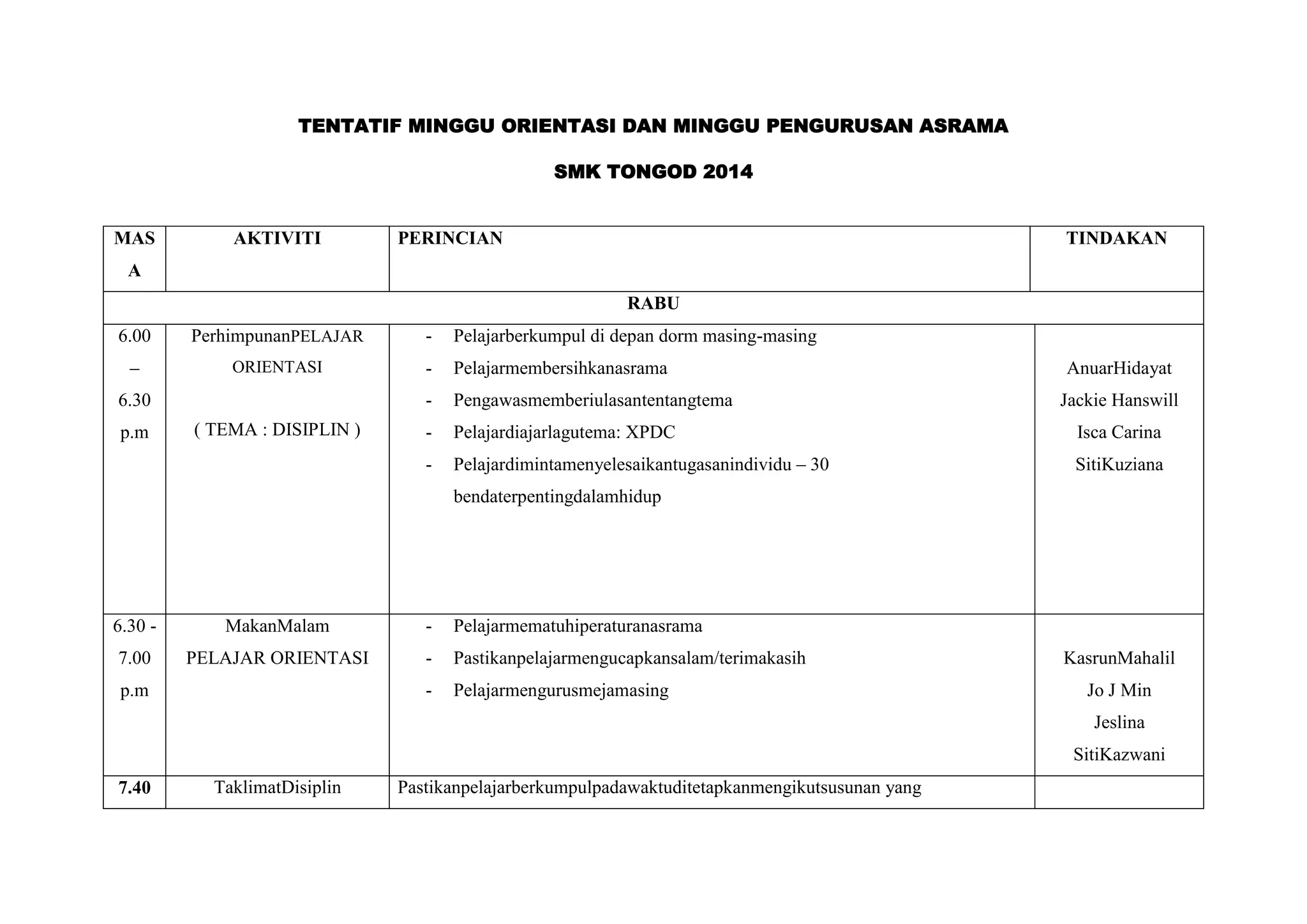Tentatif minggu orientasi dan minggu pengurusan asrama | PPT Tentatif minggu orientasi dan minggu pengurusan asrama | PPT
