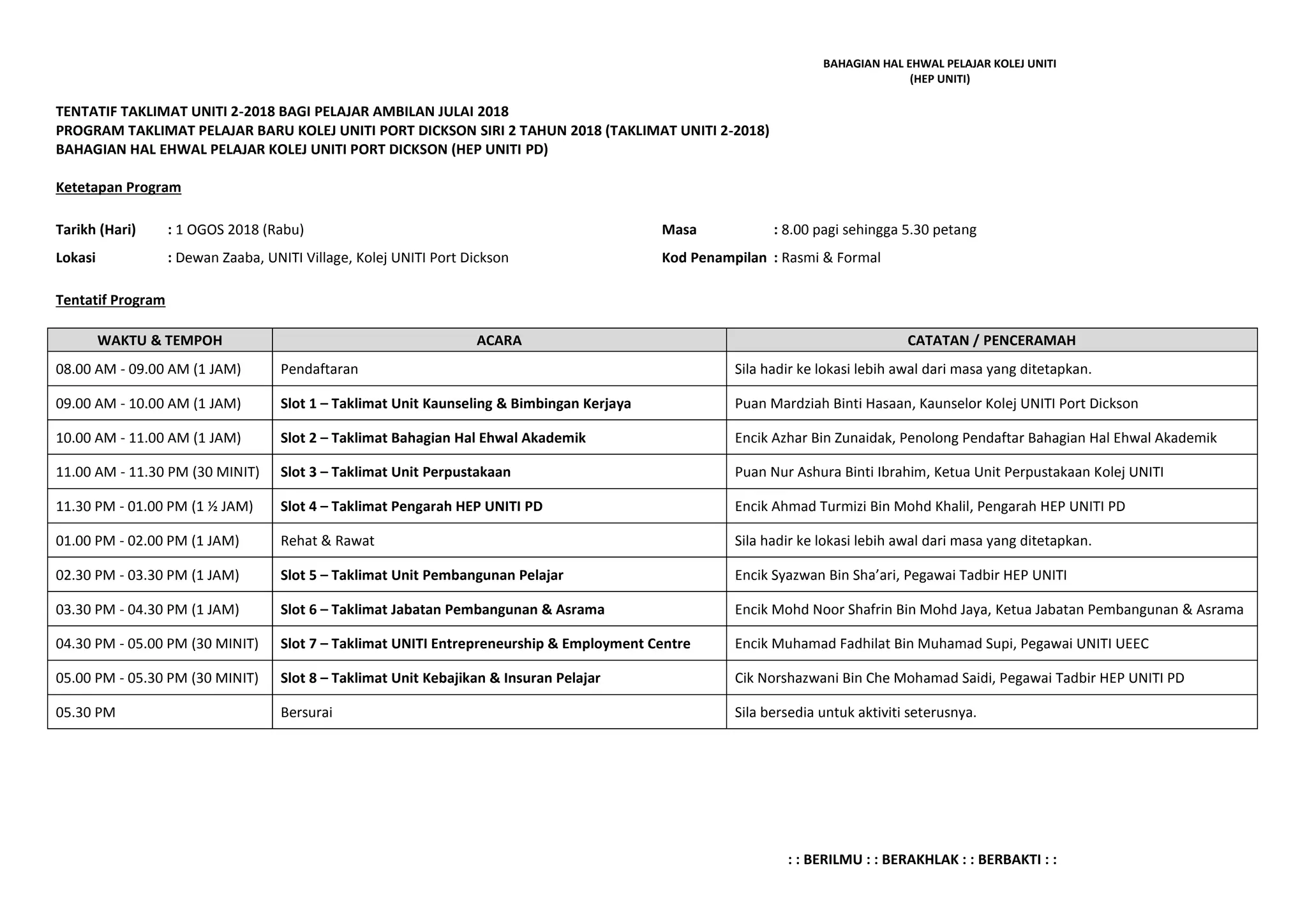Tentatif TAKLIMAT 3-2018 | PDF
