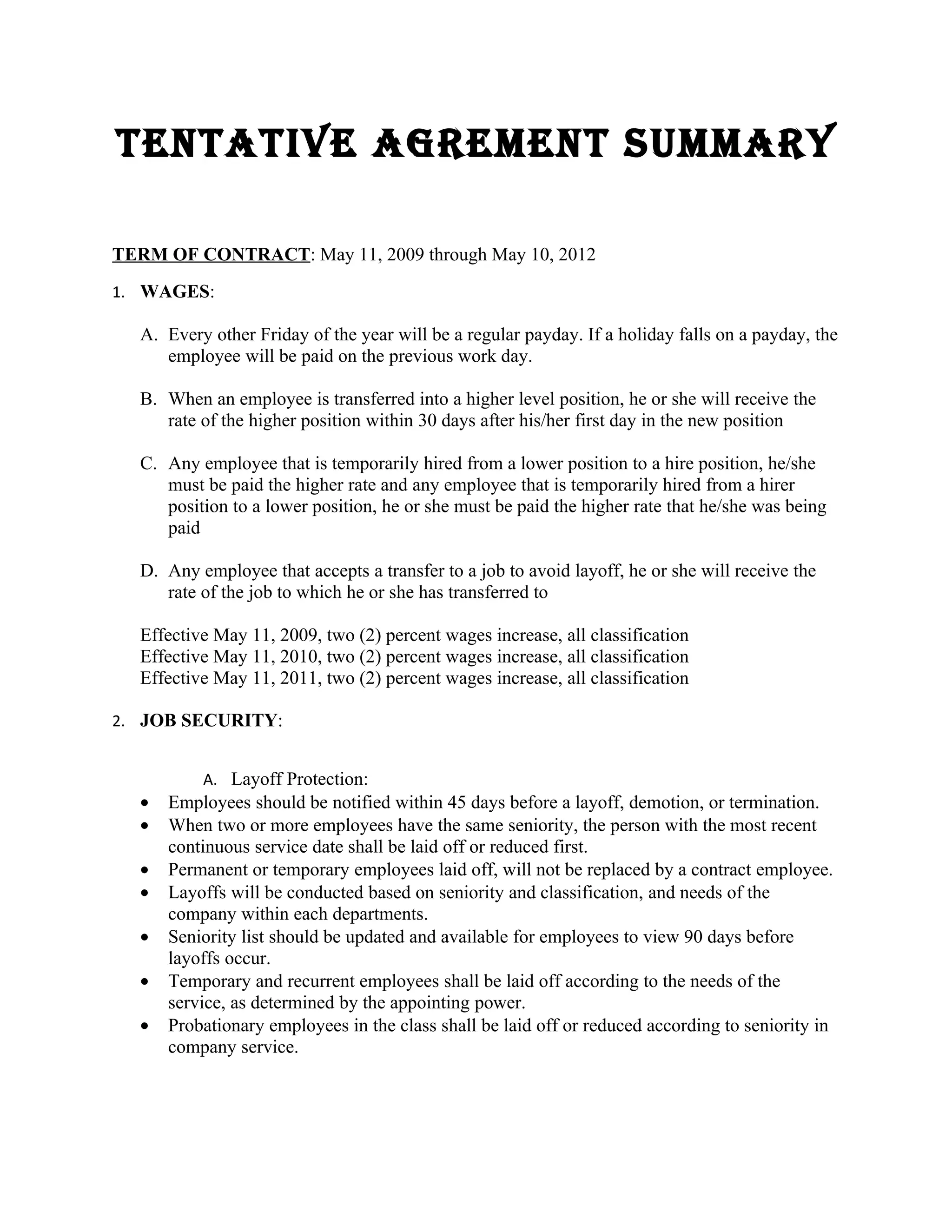 Tentative Agrement Summary | DOC