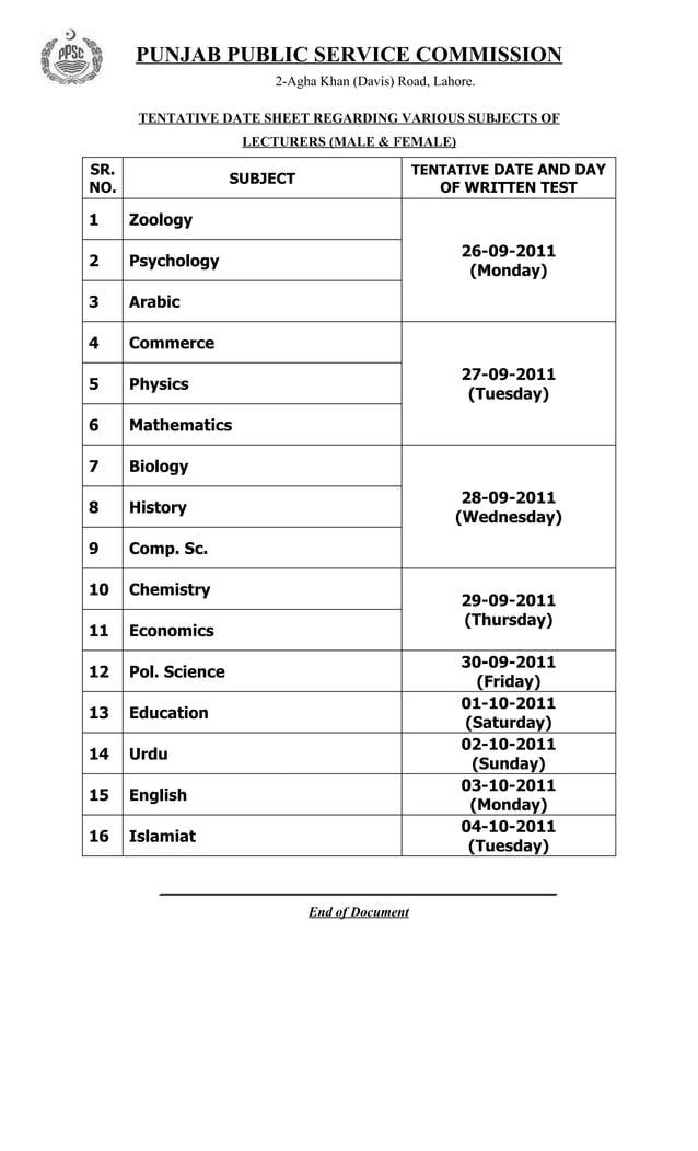 Tentative date sheet of lecturers 2011 on 16 9-11 | DOC