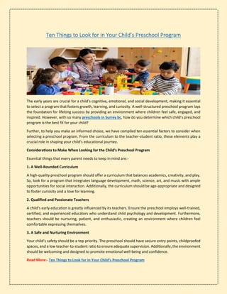 Ten Things to Look for in Your Child’s Preschool Program | PDF