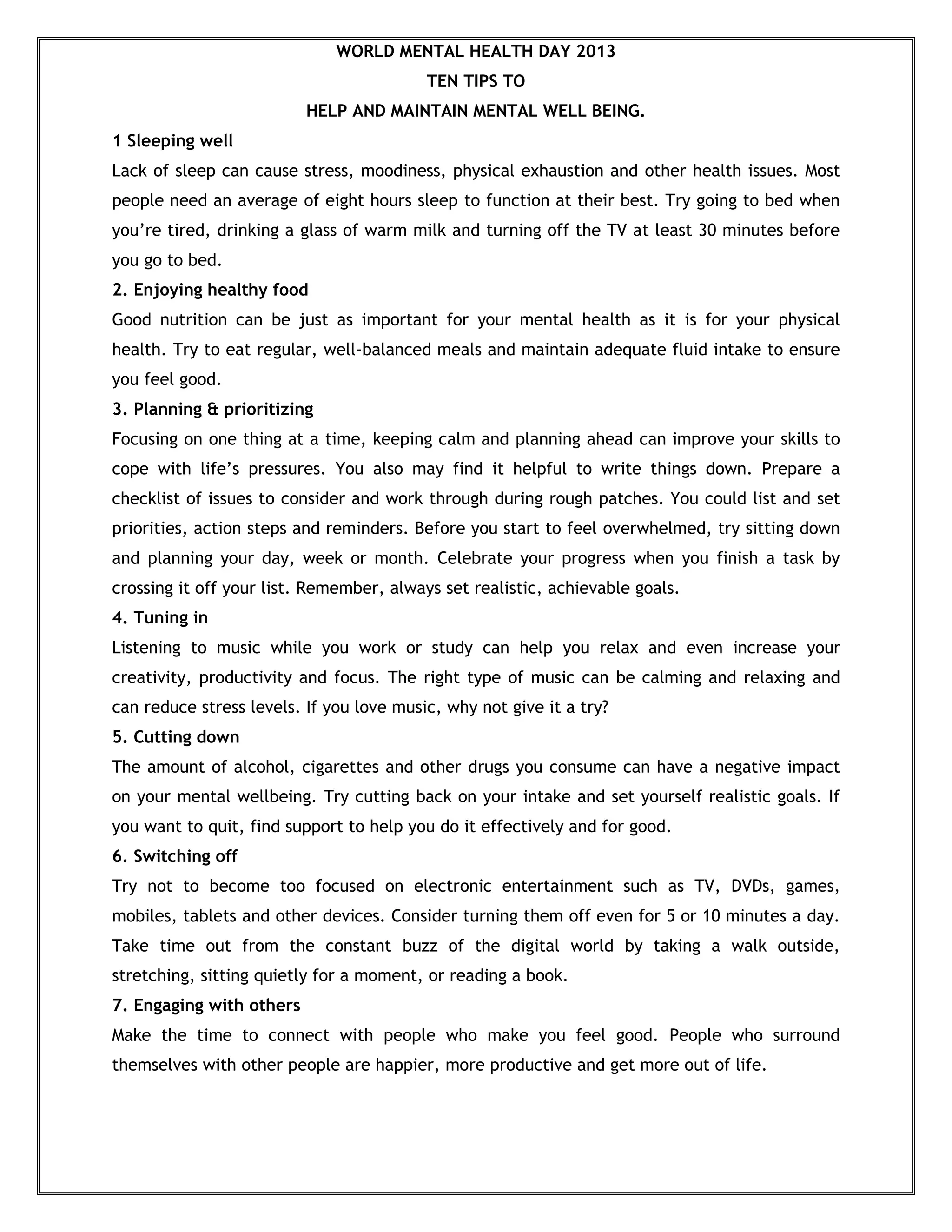 Ten tips to help & maintain mental wellbeing | DOCX