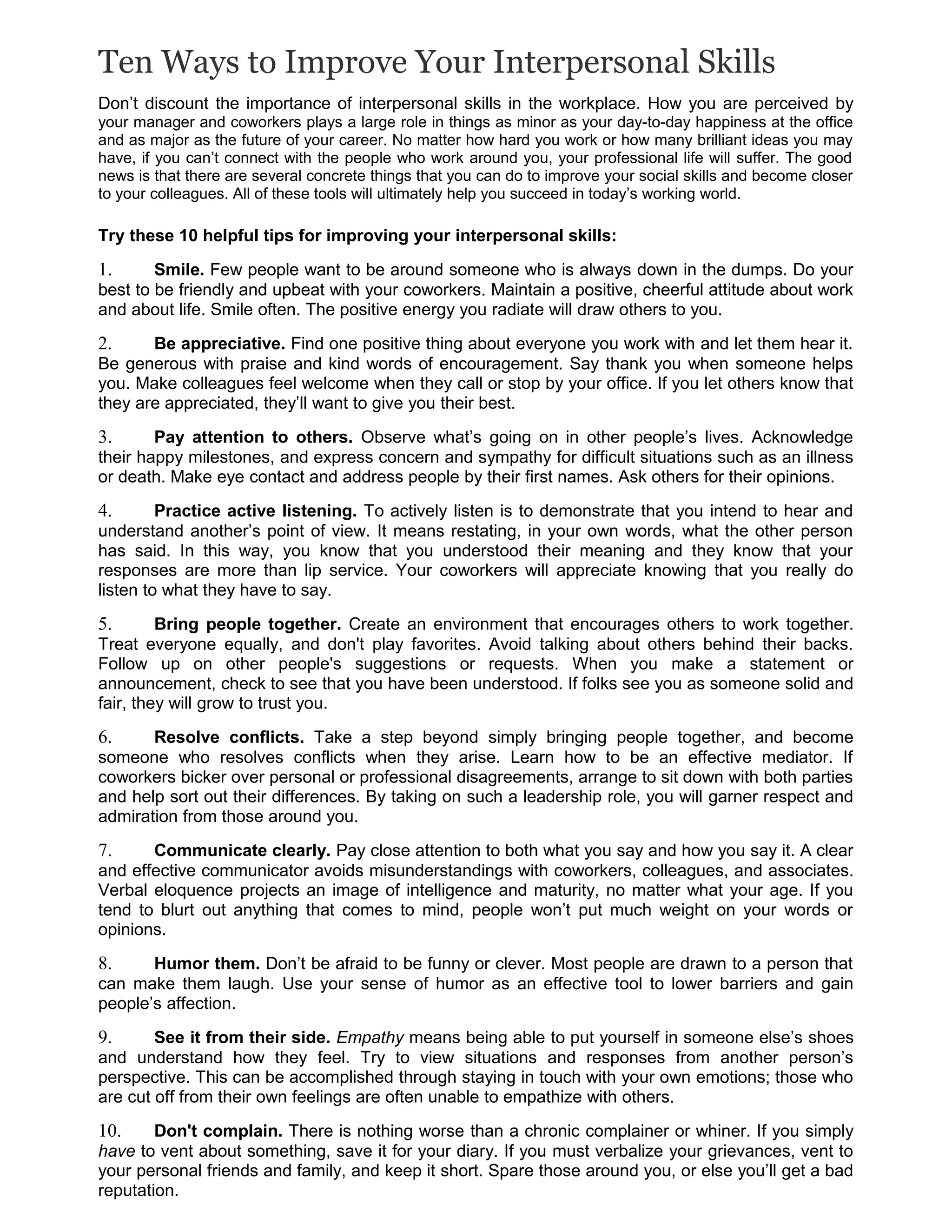 Ten Ways To Improve Your Interpersonal Skills Pdf