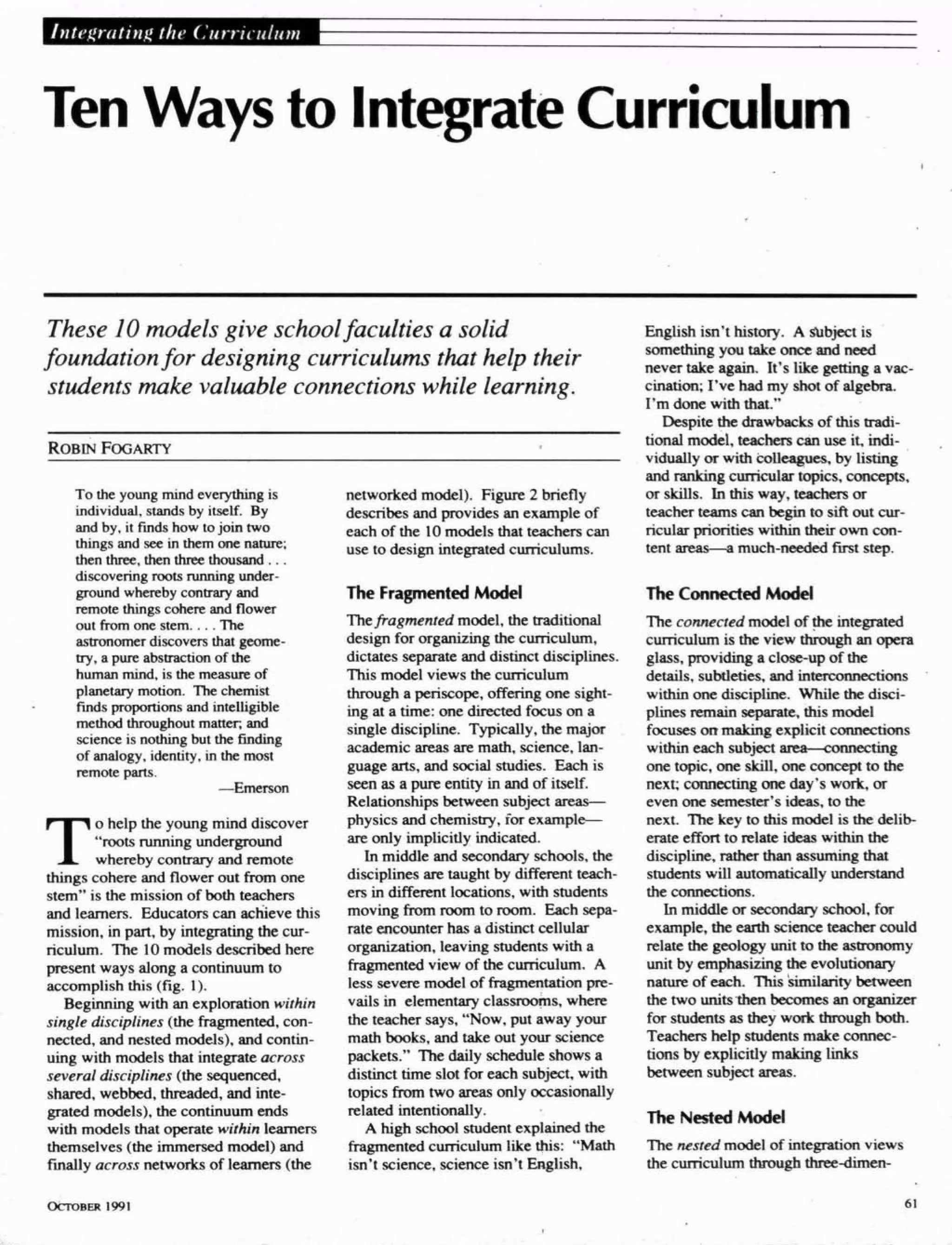 Ten ways to integrate curriculum (fogarty) | PDF