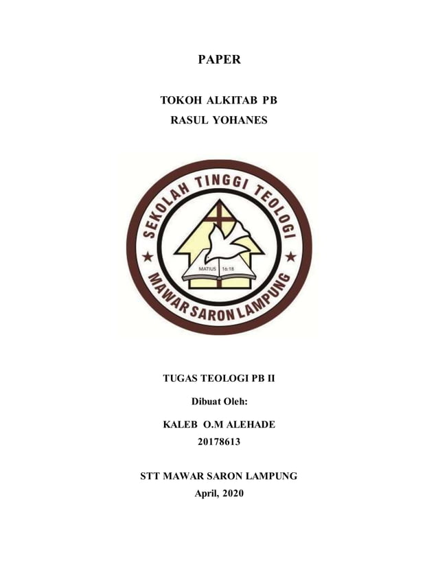 Teologi PB II...Paper tokoh - Rasul Yohanes | DOCX