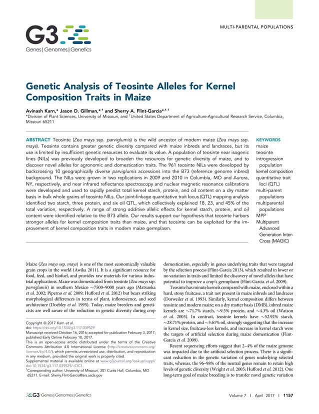 Genetic Analysis of Teosinte Alleles for Kernel Composition Traits in ...