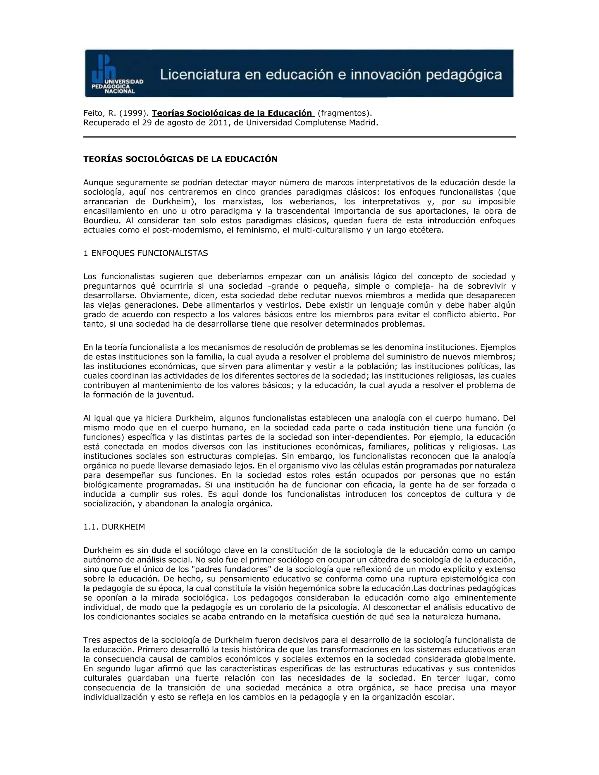 Teorías Sociológicas De La Educación Pdf