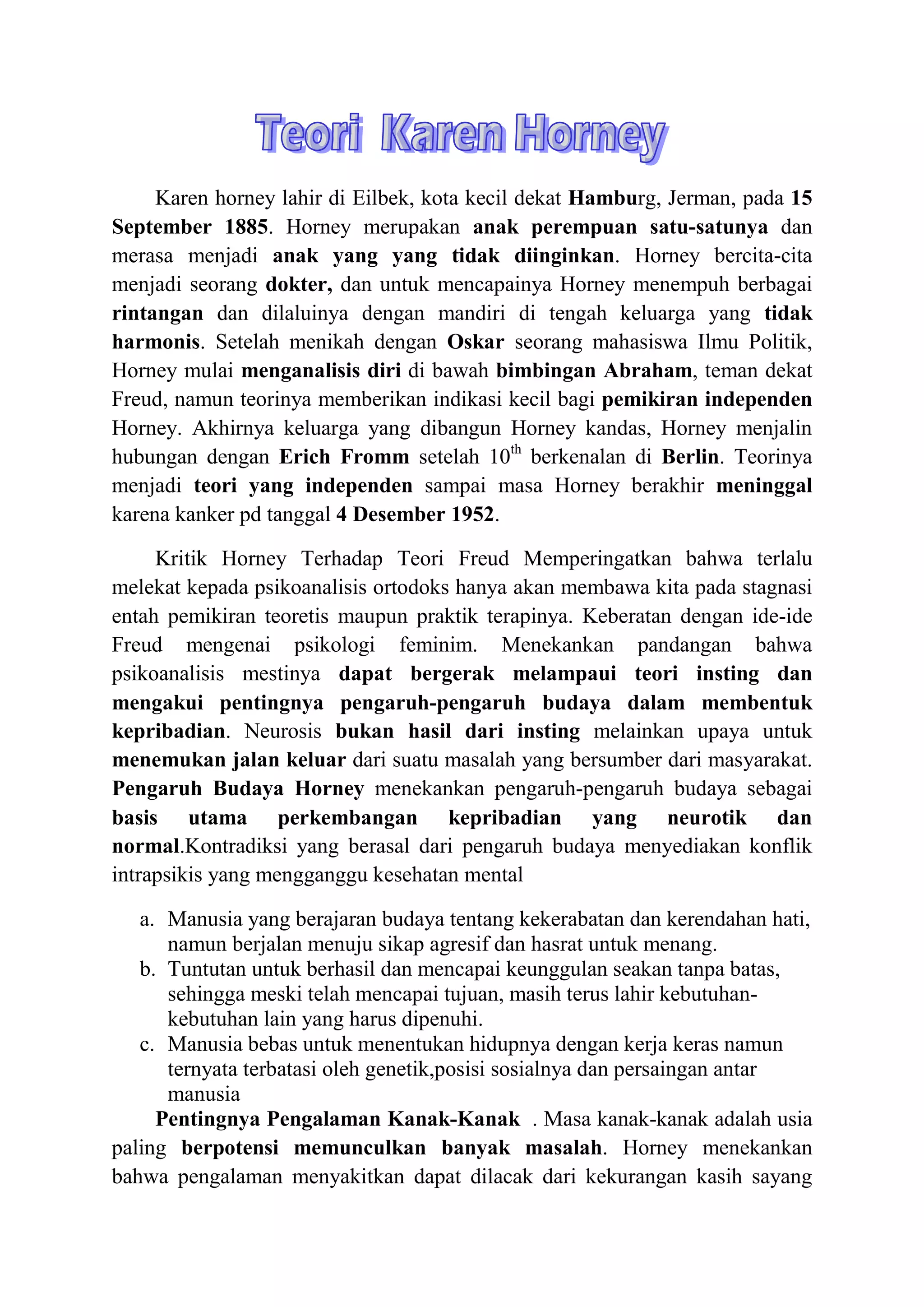 Teori karen horney ( Psikologi Kepribadian) | PDF