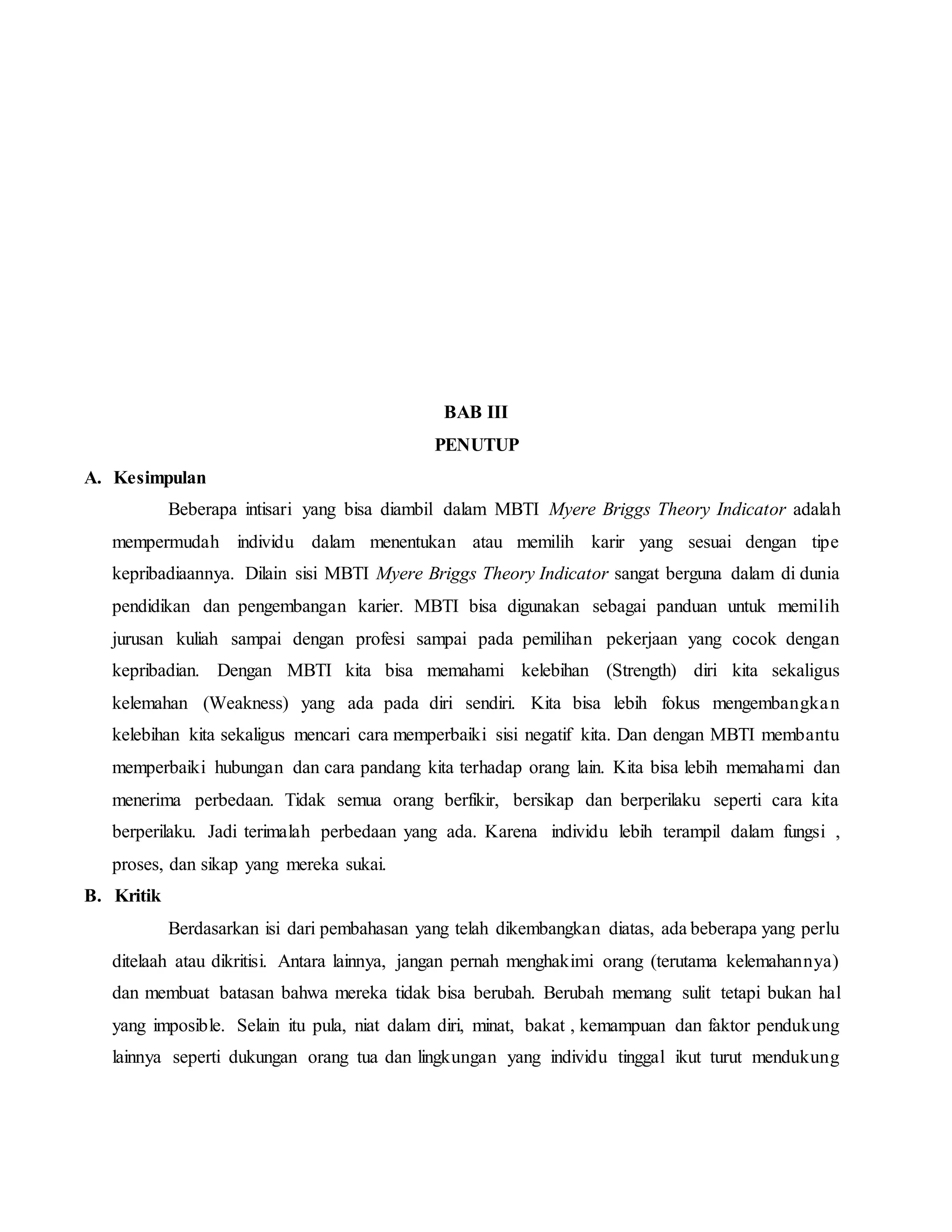 Teori karir mbti atau myers | DOCX
