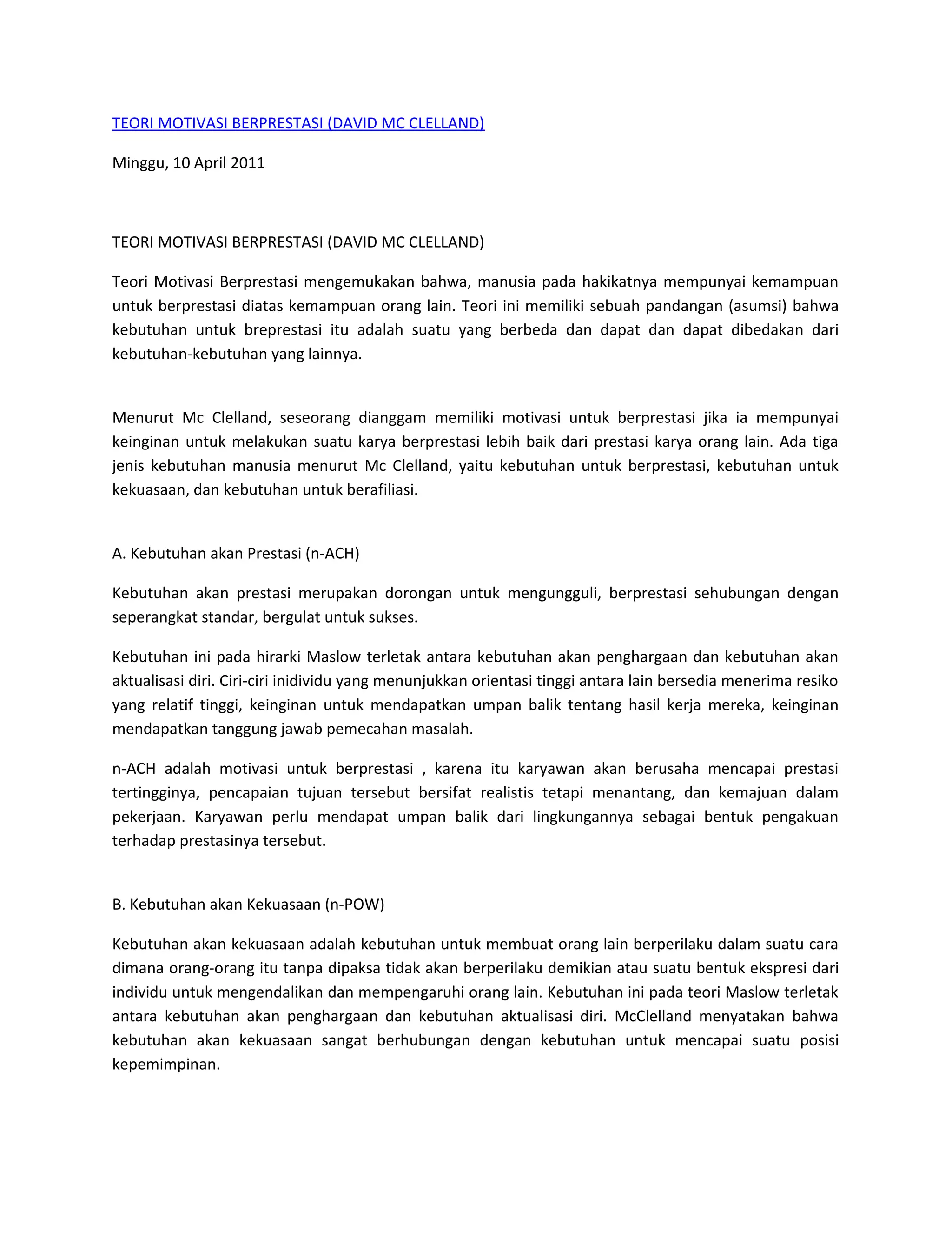 Teori motivasi berprestasi | PDF